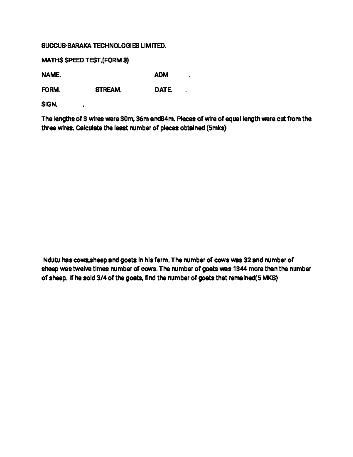TECHNOLOGIES LIMITED. MATHS SPEED TEST (FORM 3) - RAT 6 - Studocu