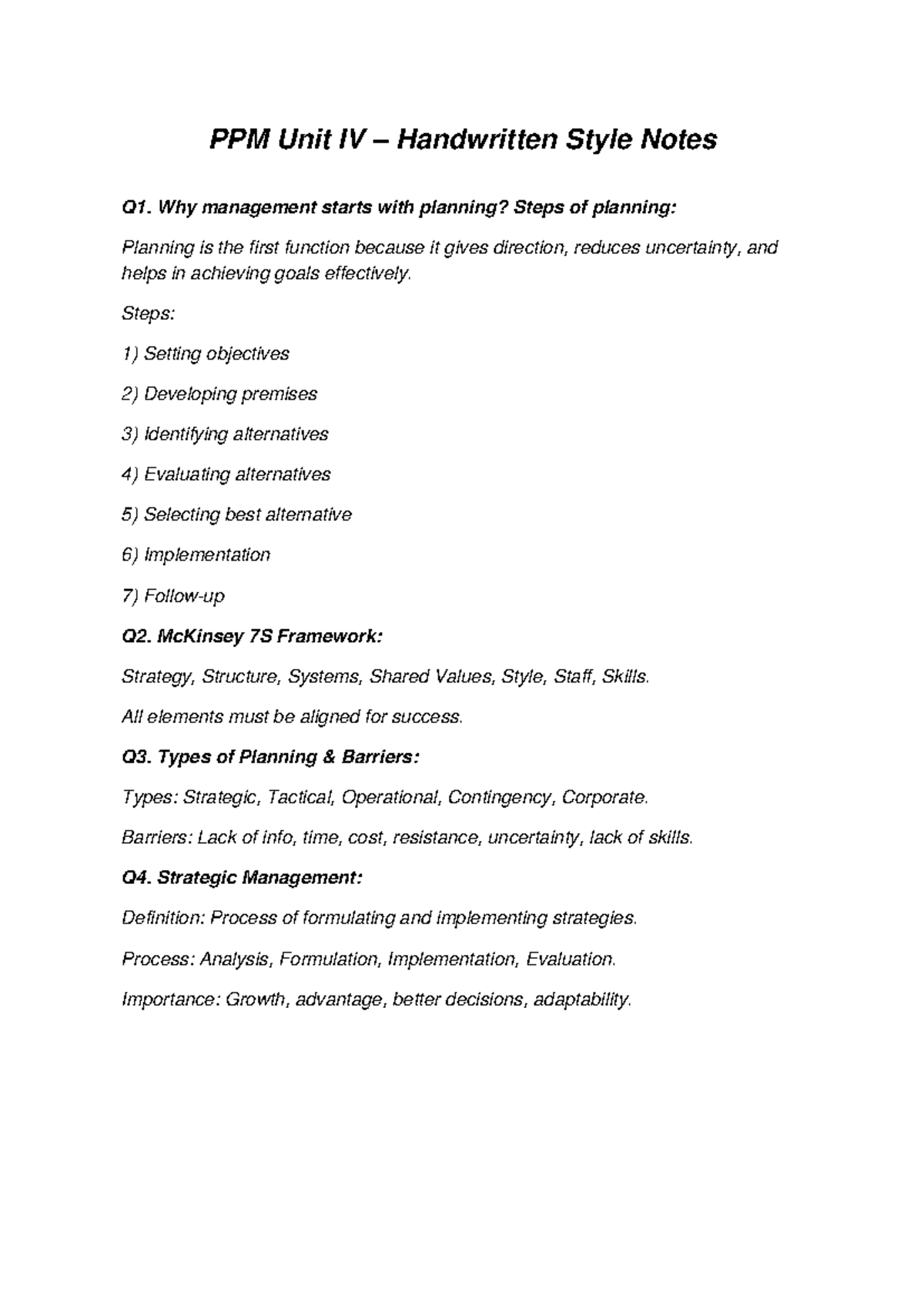 PPM Unit IV Handwritten Notes: Planning & Strategic Management - Studocu