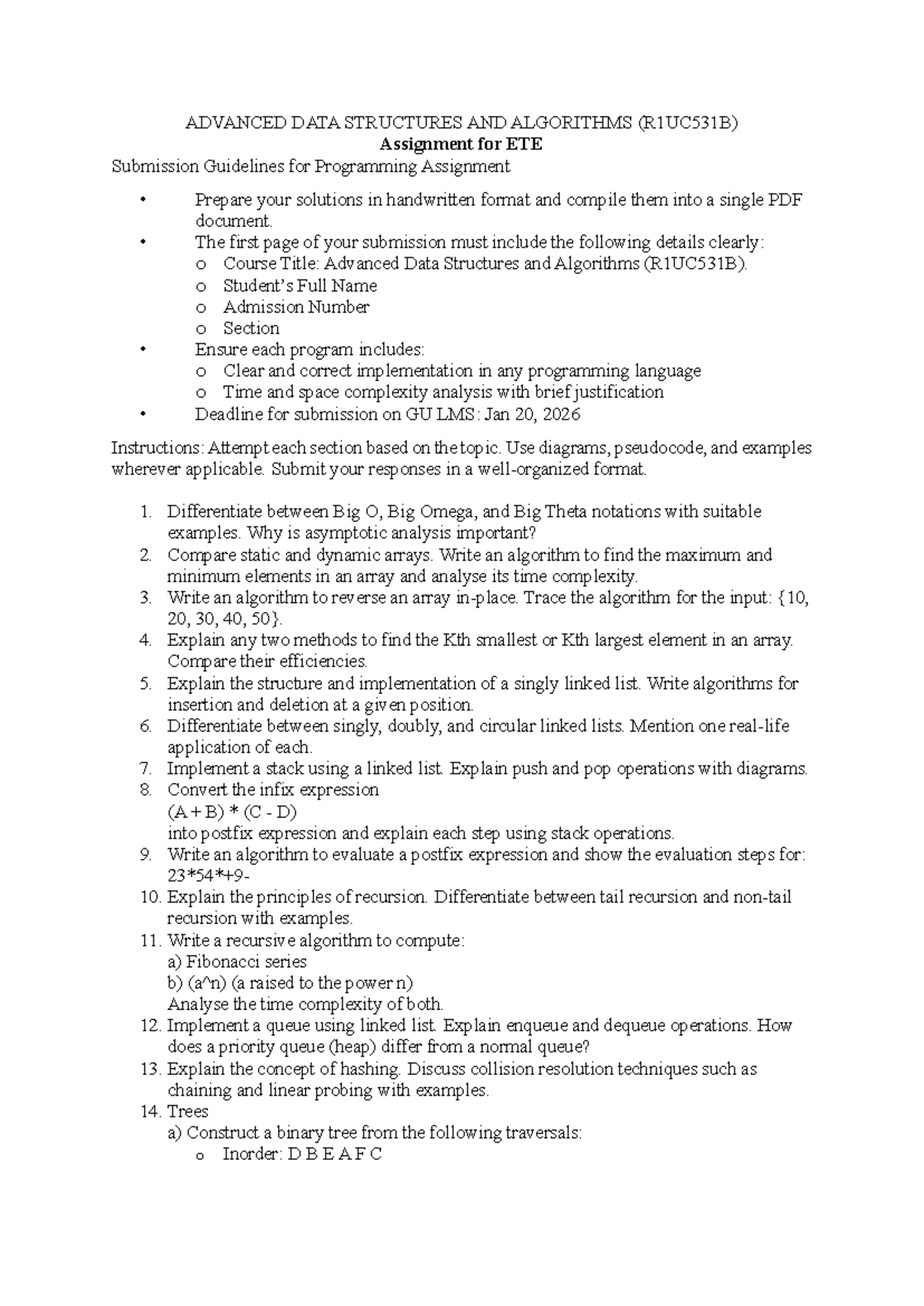 ADVANCED DATA STRUCTURES AND ALGORITHMS (R1UC531B) ETE Assignment ...