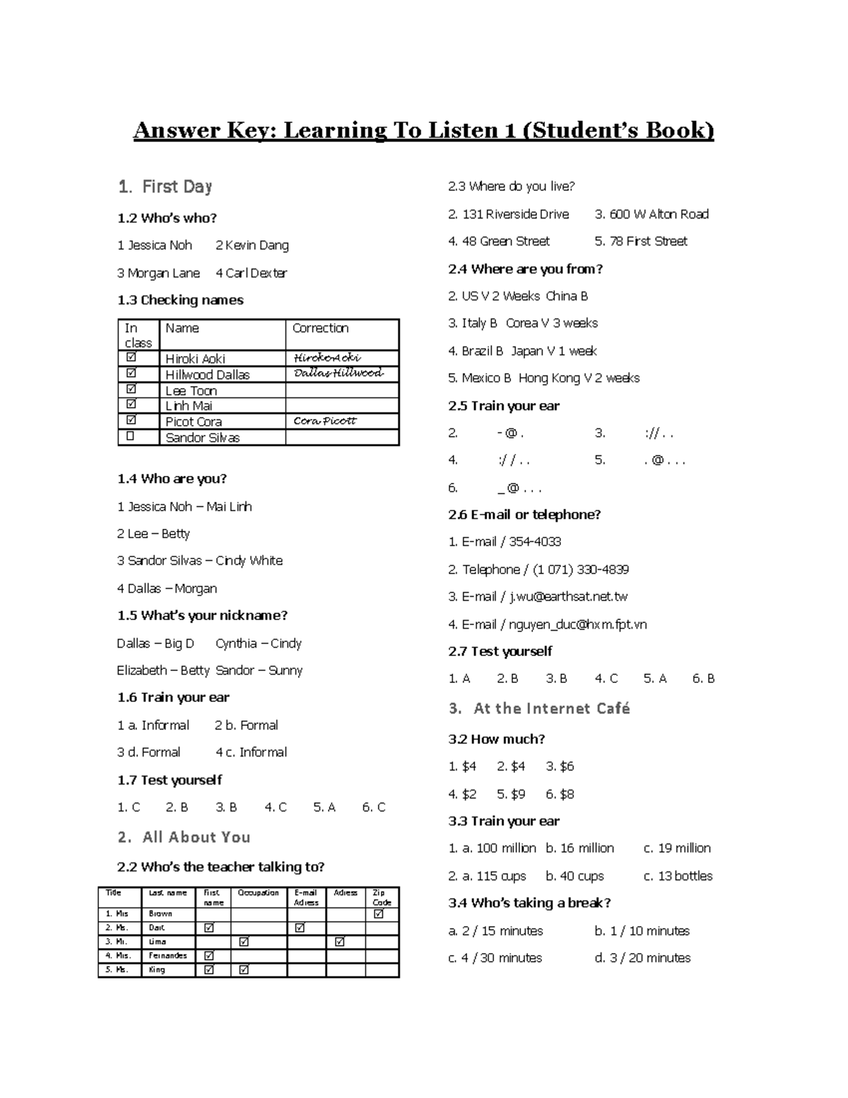 Answer Key: Learning to Listen 1 (Final Exam) - Studocu