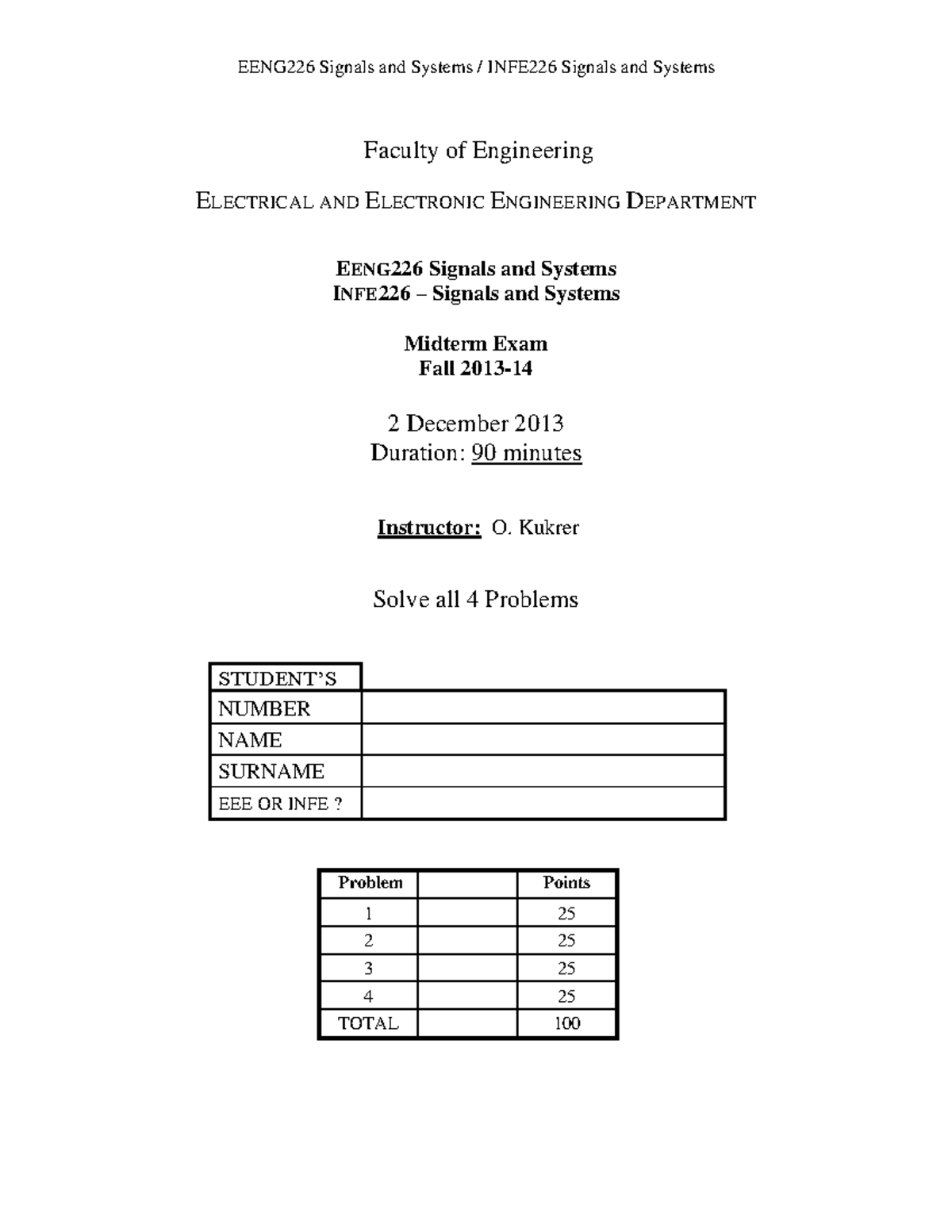 EENG226 Signals and Systems Midterm Exam Solutions F13-14 - Studocu
