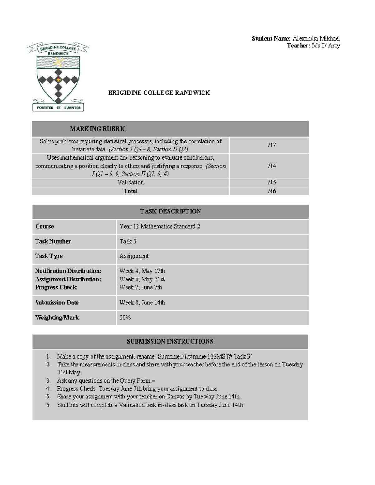 Year 12 Mathematics Standard 2 - Task 3: Statistical Analysis ...
