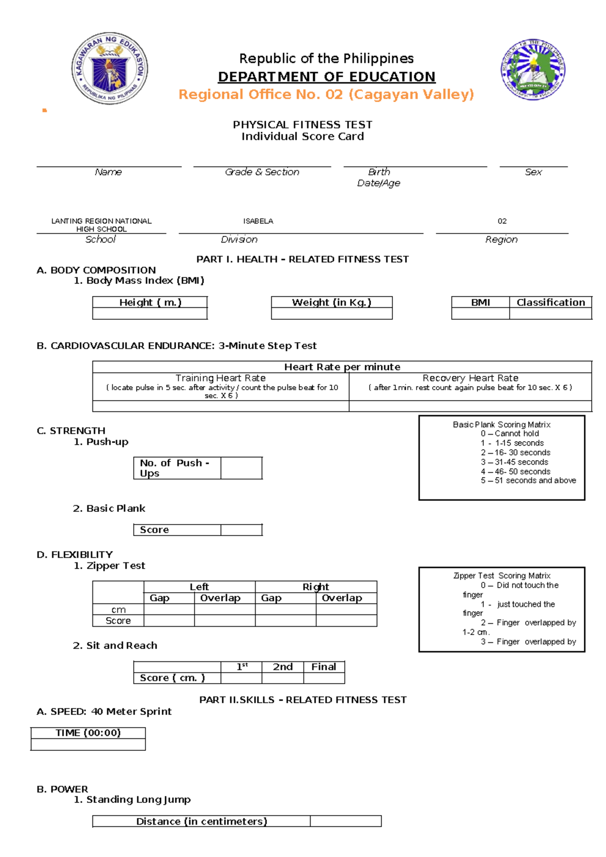Physical Fitness Test Score Card - Individual Assessment Report - Studocu