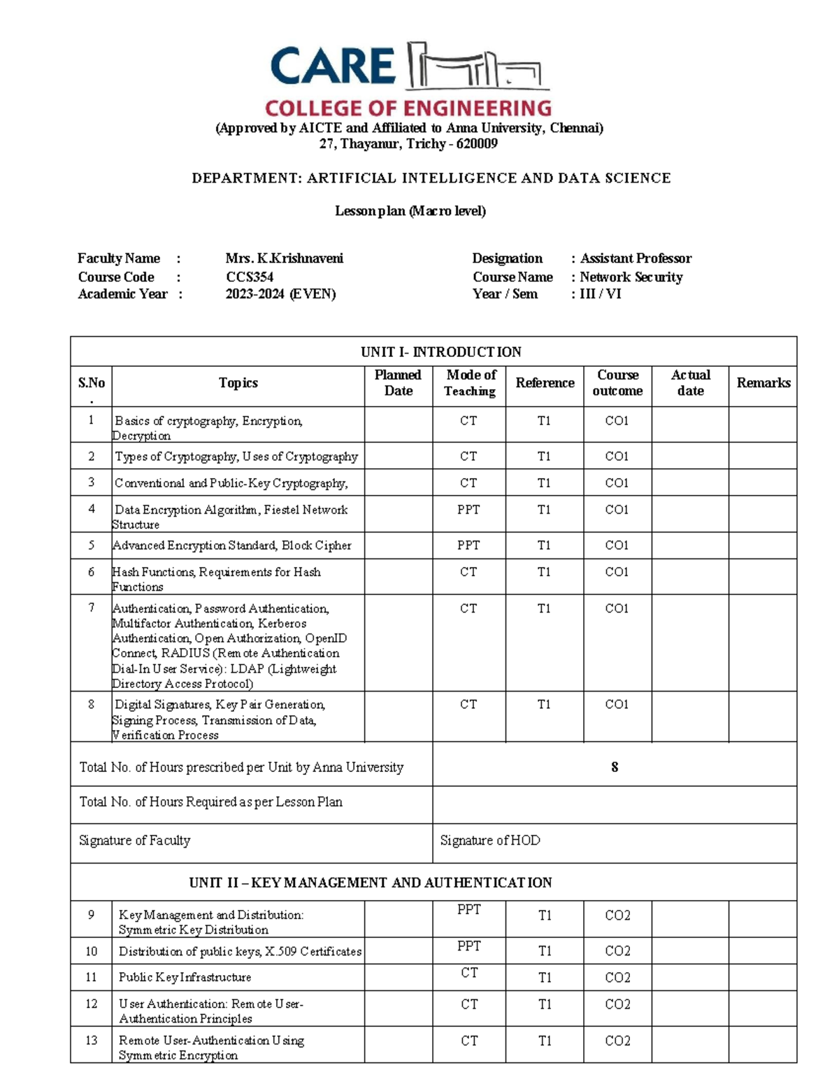 CCS354 Lesson Plan: Network Security Overview for AI & Data Science - Studocu