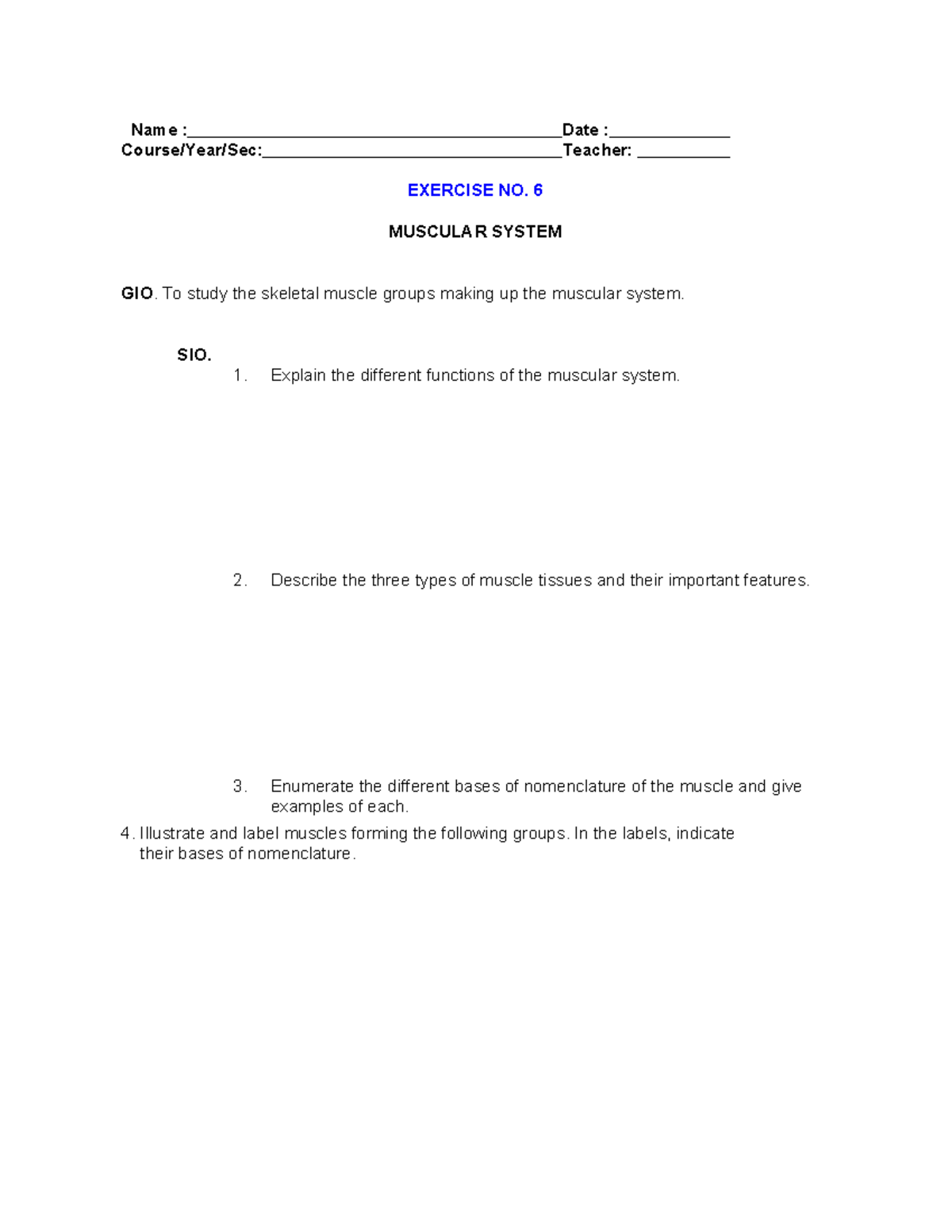 LAB Exercise Muscular System - Name : Date : Course/Year/Sec: Teacher ...