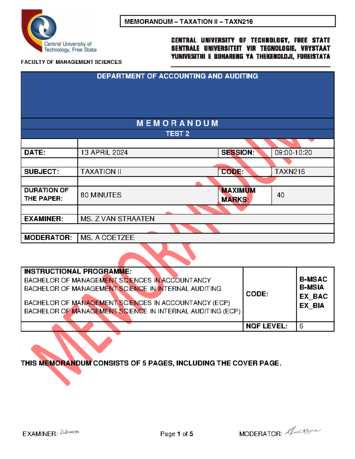 TAXN216 Taxation II Test 2 Memorandum - April 2024 - Studocu