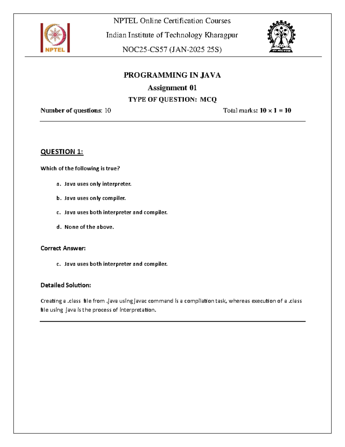 Assignment 1 Solution (1) - Copy - PROGRAMMING IN JAVA Assignment 01 TYPE OF QUESTION: MCQ ...