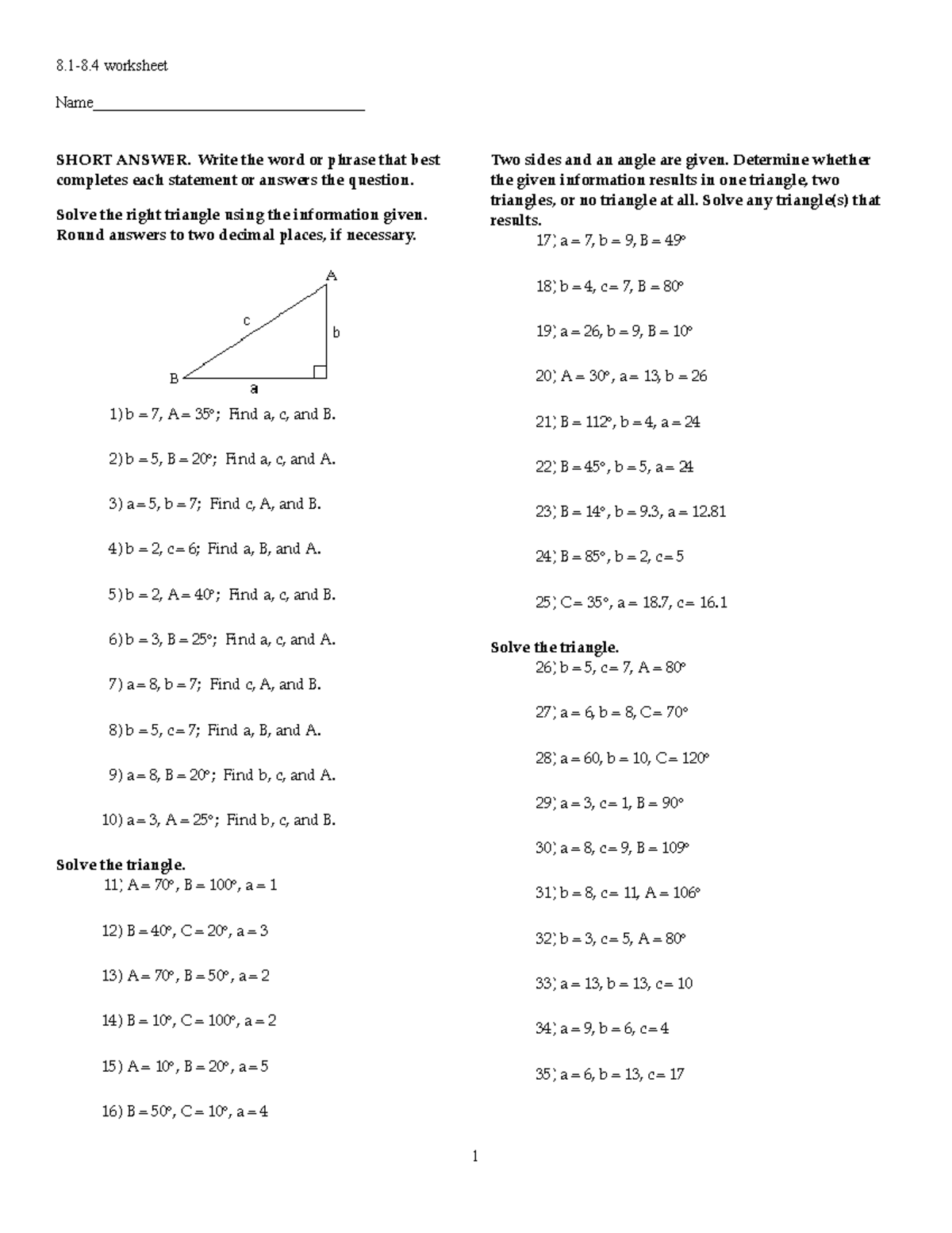 8-1_8-4 Triangle Solving Worksheet: Short Answer Key & Solutions - Studocu