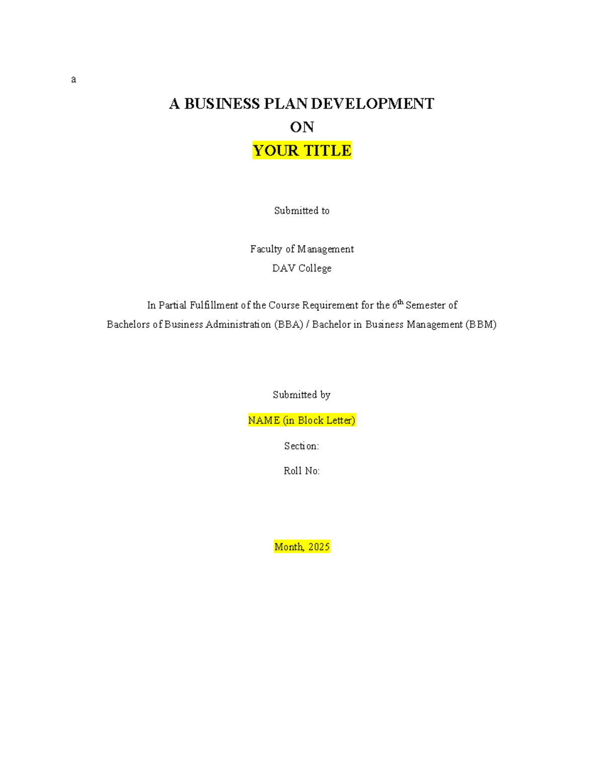 Business Plan Development for BBA 6th Semester at DAV College - Studocu