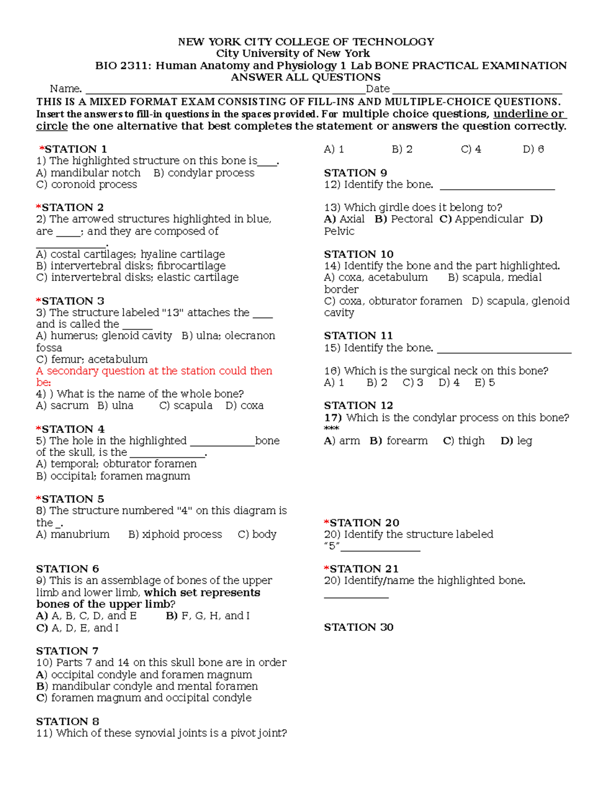 BIO 2311: Human Anatomy & Physiology 1 Lab Bone Practical Exam Guide ...