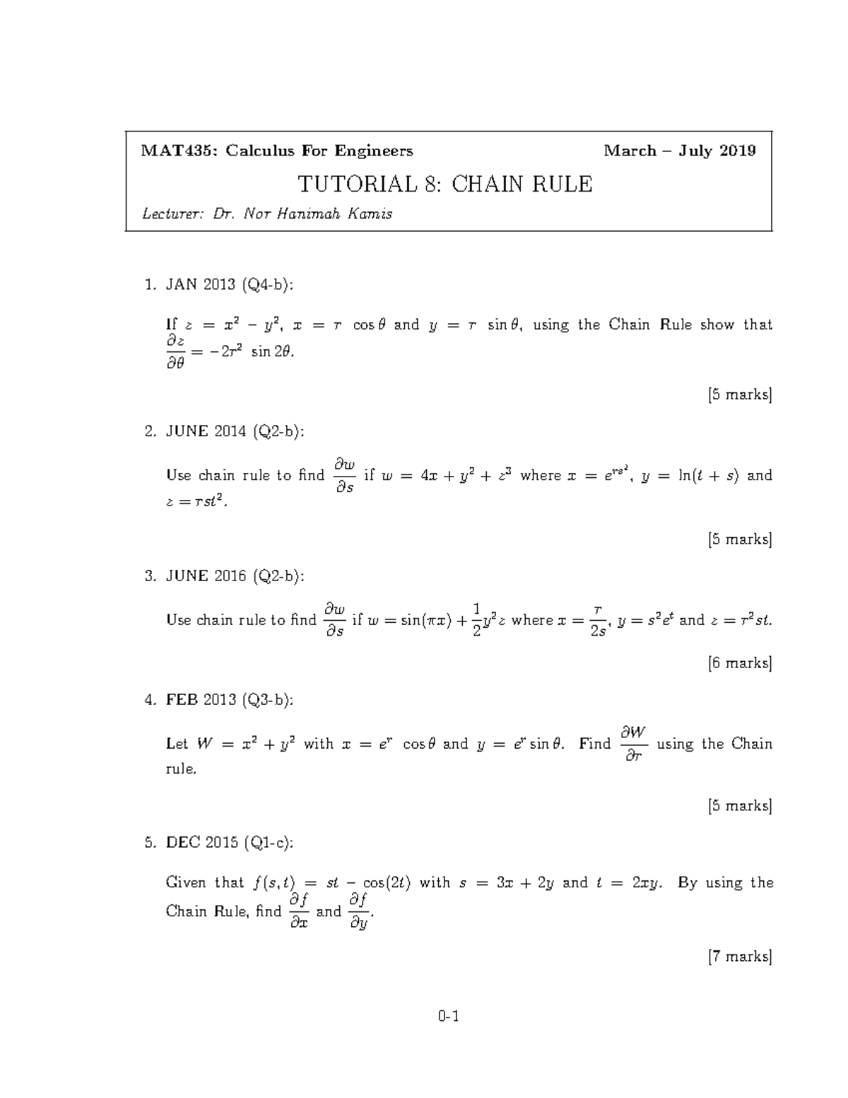 MAT435: Calculus for Engineers - Tutorial 8 on Chain Rule - Studocu