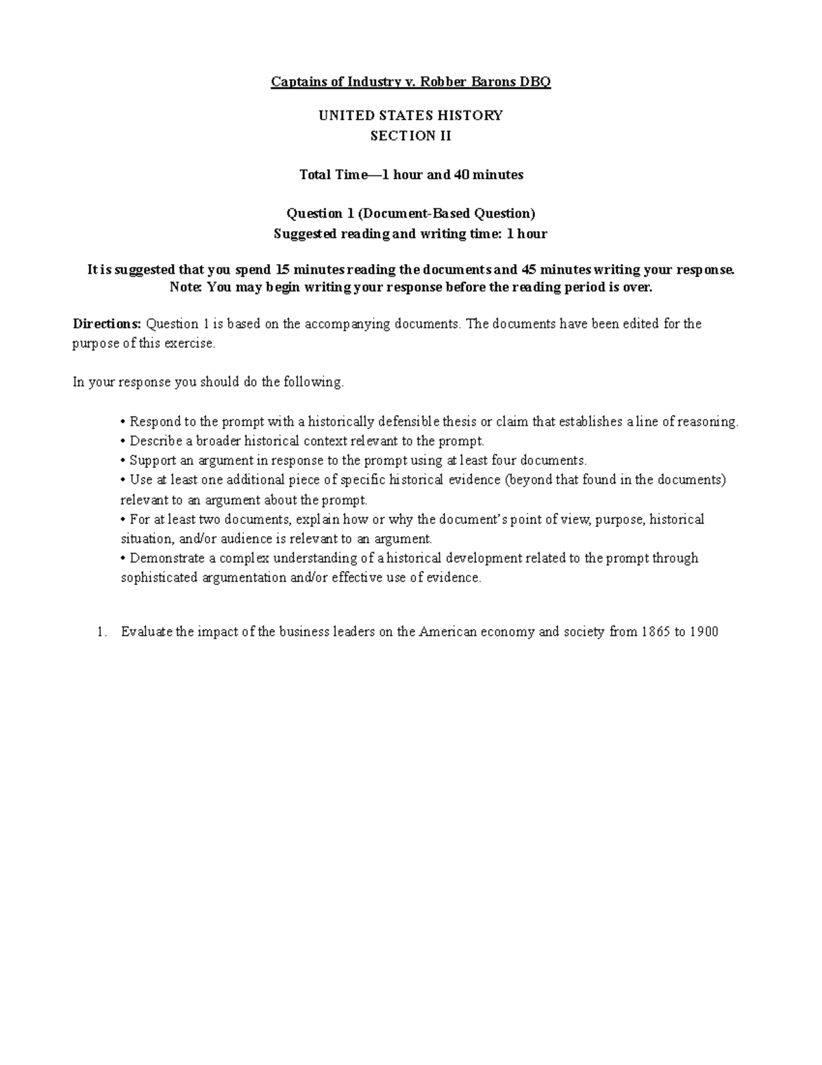 Captains of Industry vs. Robber Barons DBQ - US History Analysis - Studocu