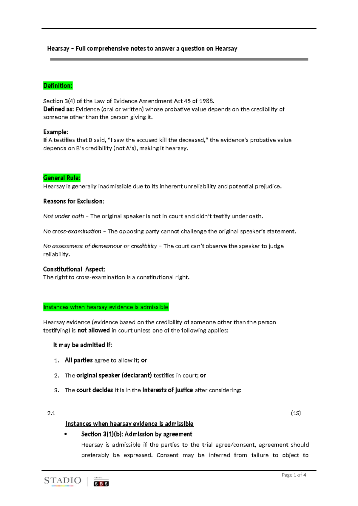 Comprehensive Notes on Hearsay: Law of Evidence (Section 3) - Studocu