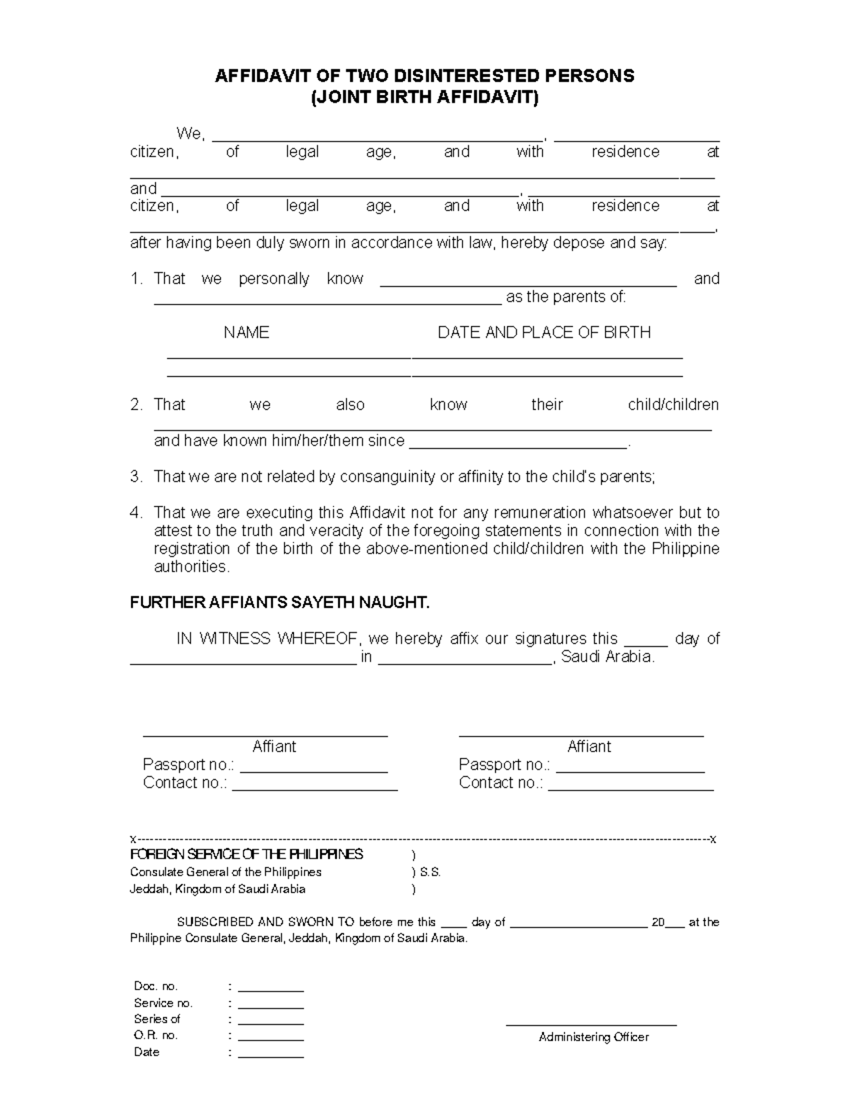Affidavit Joint of Two Disinterested Persons for Birth Registration ...