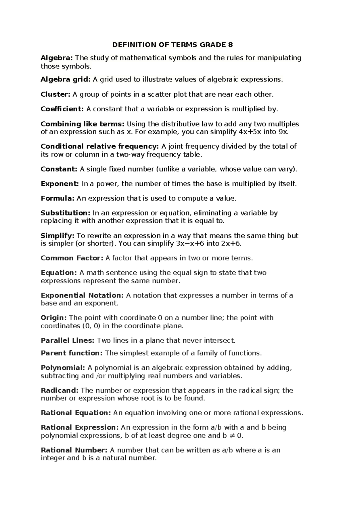 Definition of Math Terms for Grade 8 Students - Studocu