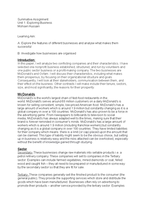 Unit 1 Exploring Business Assignment 1 task 2 - P3- Explore the organisation structures aims and ...