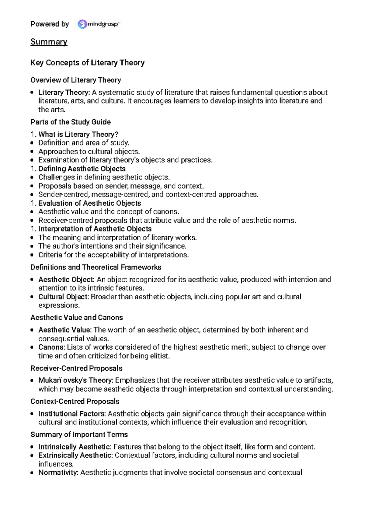 Literary Theory Overview: Key Concepts & Summary Notes - Studocu