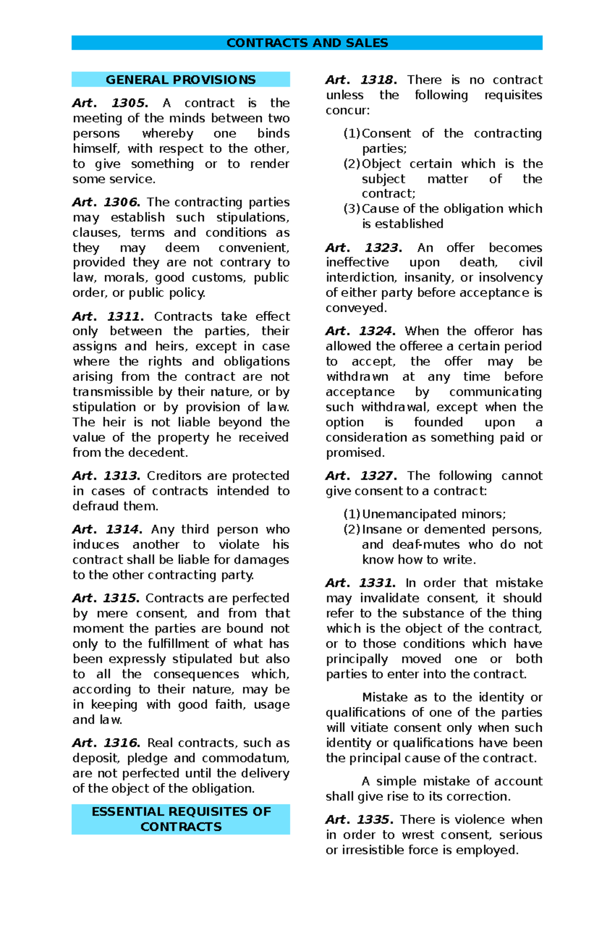 Contracts Law (FINALS) - Key Provisions and Essentials - Studocu