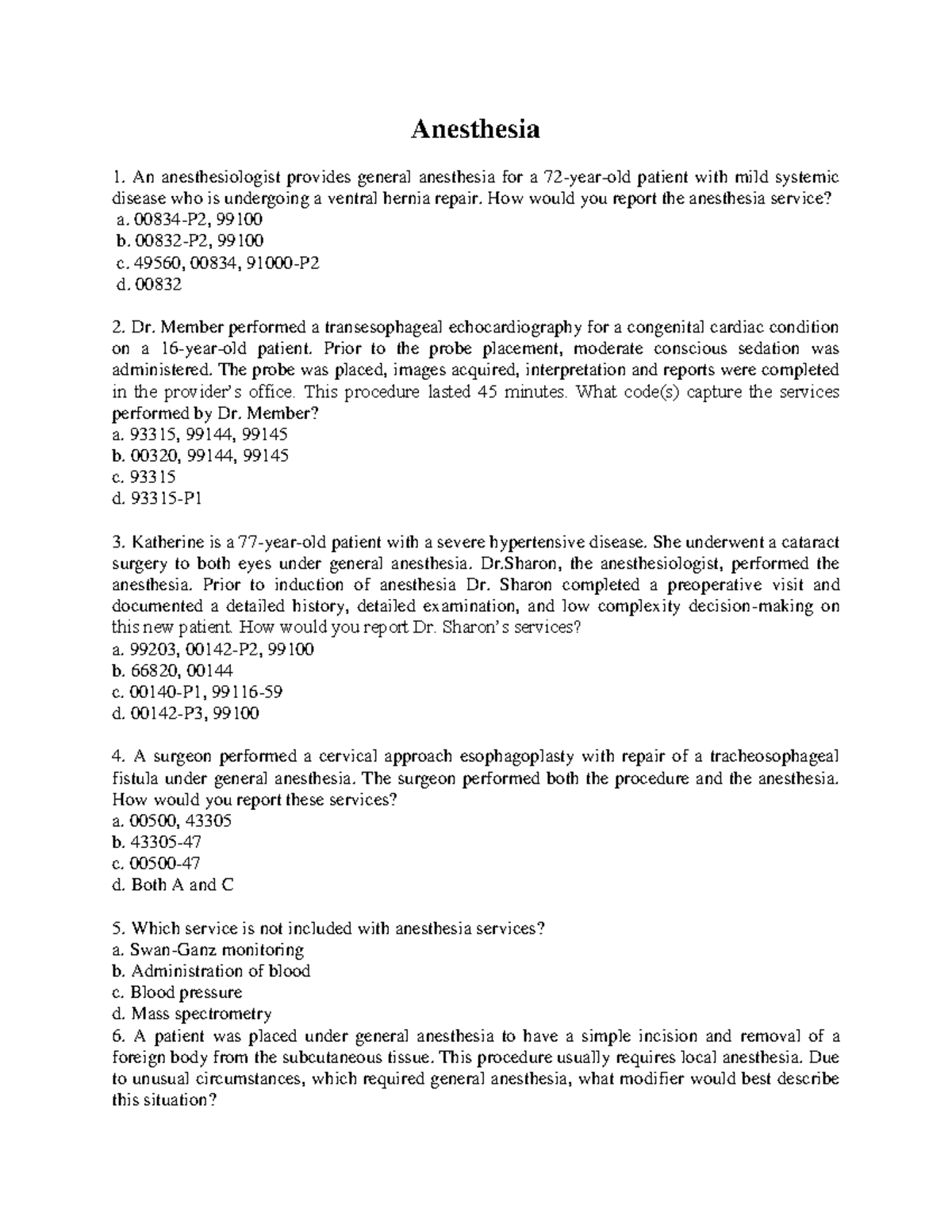 Anesthesia Questions 2: Practice and Review for Anesthesia Coding - Studocu