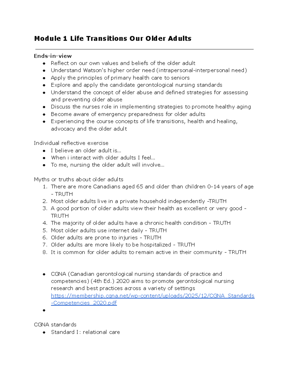 Module 1: Life Transitions and Gerontological Nursing Standards - Studocu