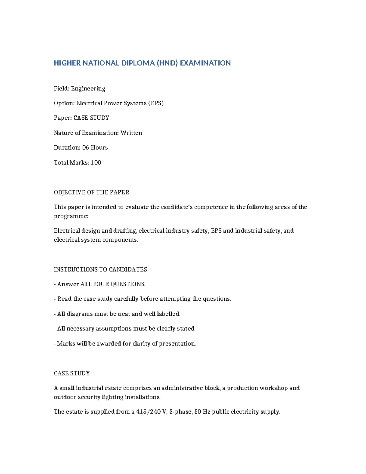 HND EPS Case Study Exam - Electrical Power Systems Practice - Studocu