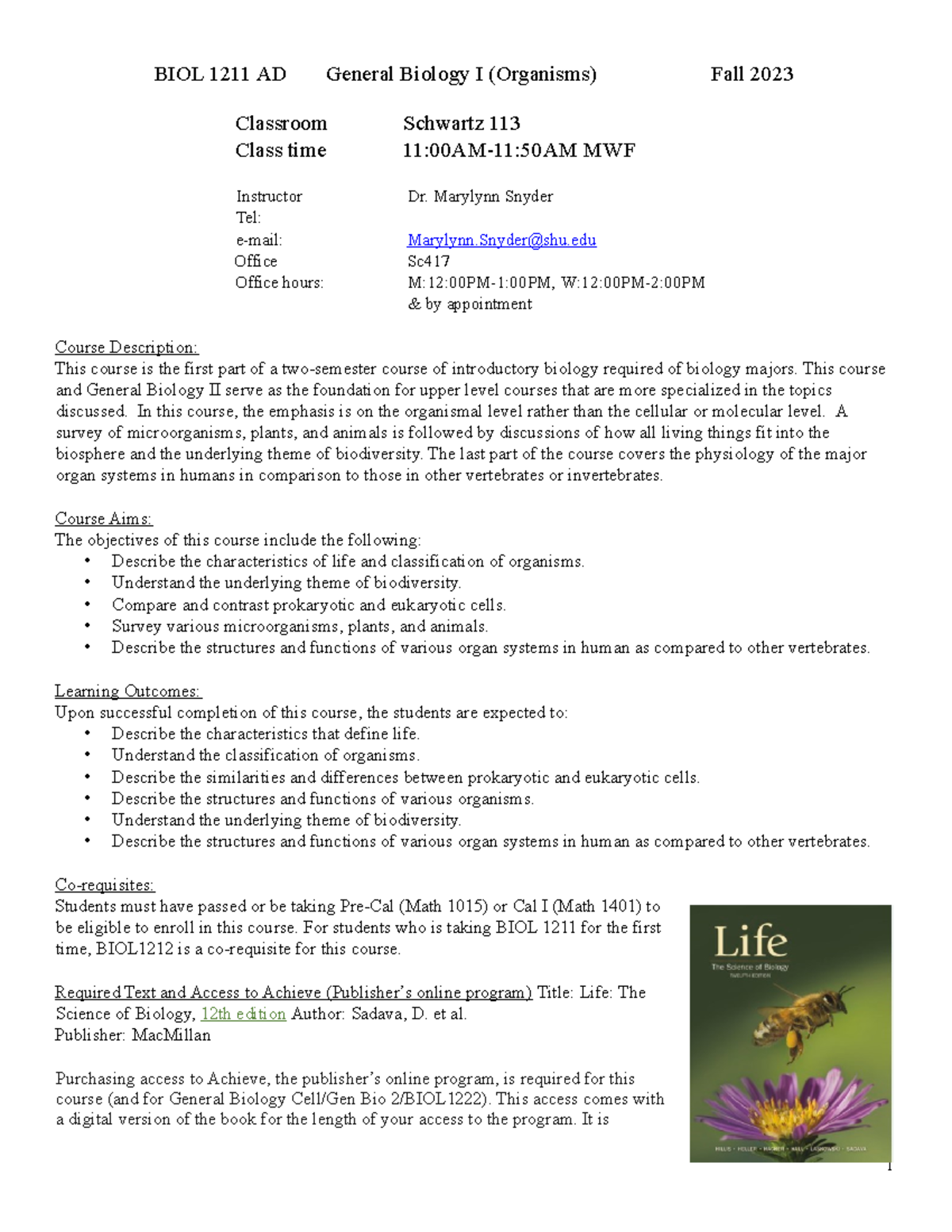BIOL 1211 Syllabus: General Biology I (Organisms) Fall 2023 - Studocu