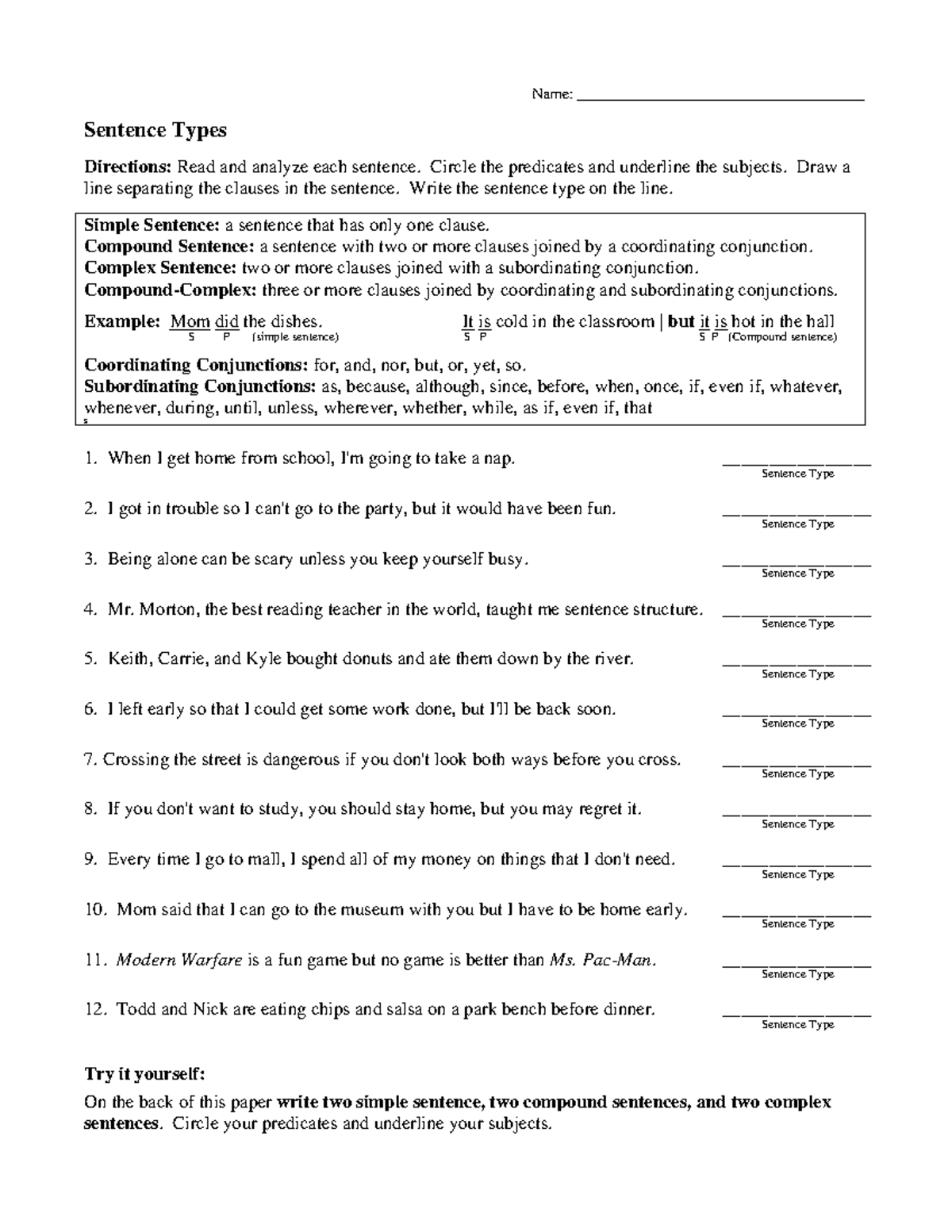 Sentence Types Worksheet: Analyzing Clauses and Predicates - Studocu
