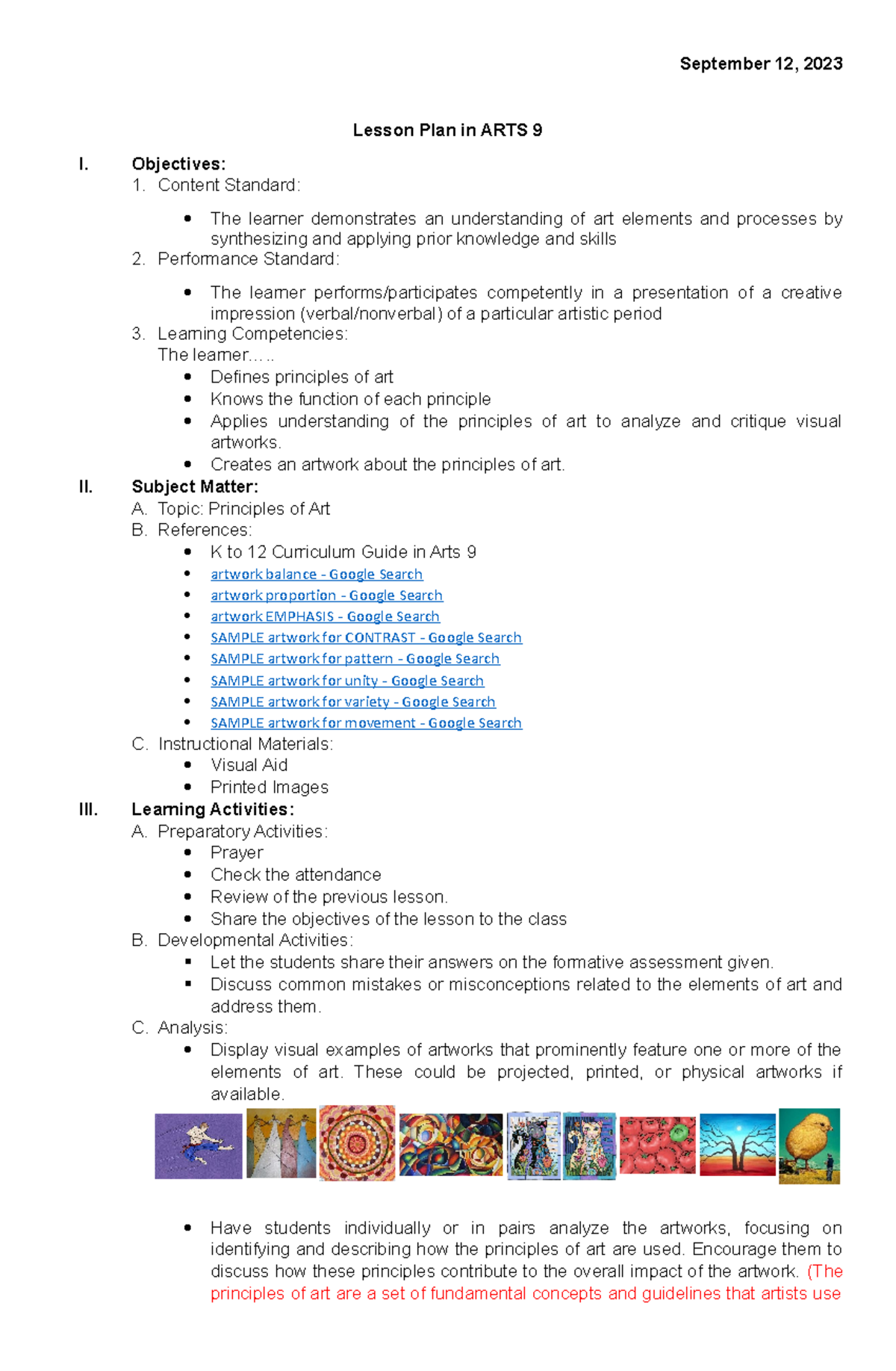 Lesson Plan for ARTS 9: Understanding Principles of Art 2 - Studocu