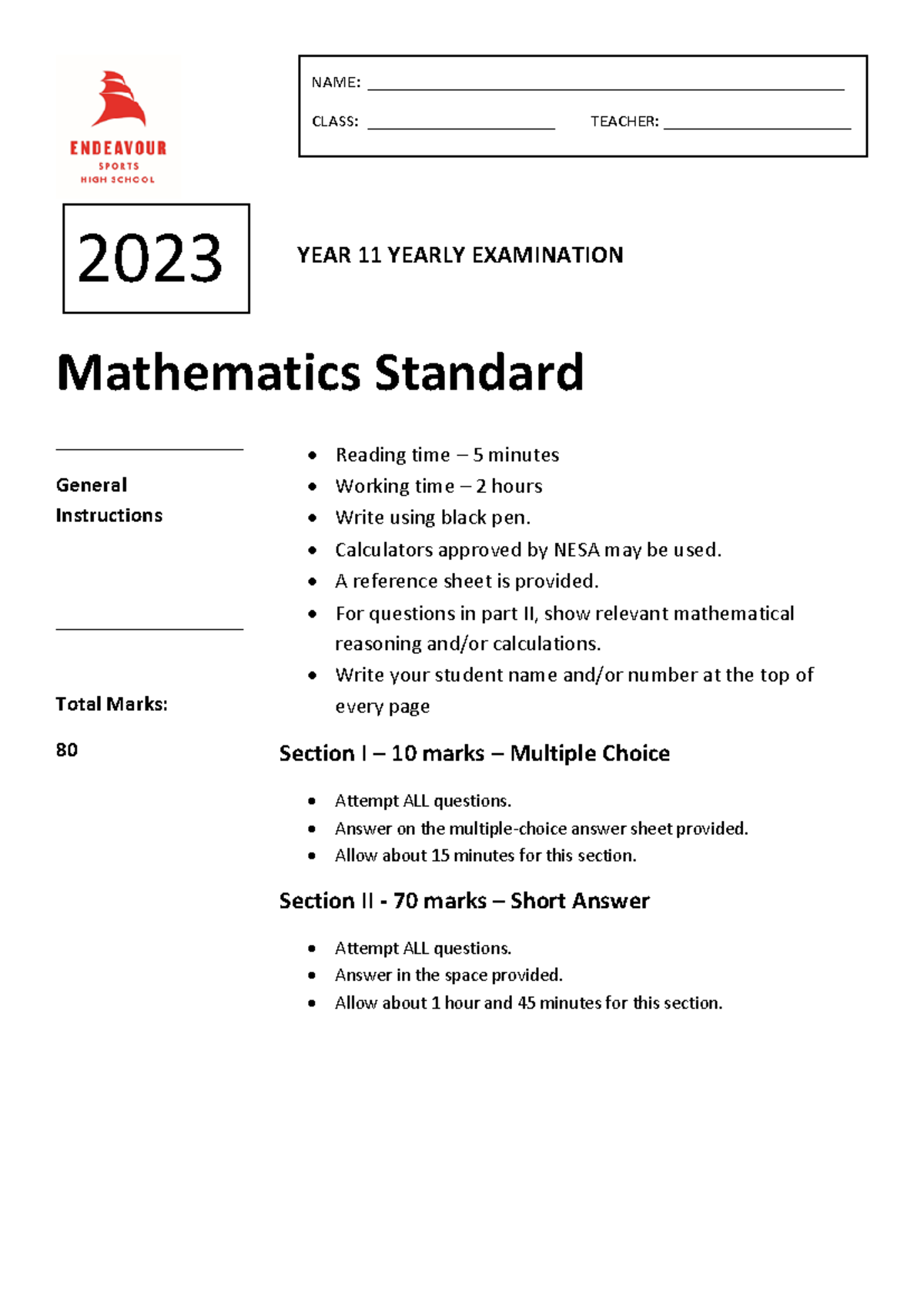 2023 Standard Yearly - Mathematics Standard General Instructions Total ...