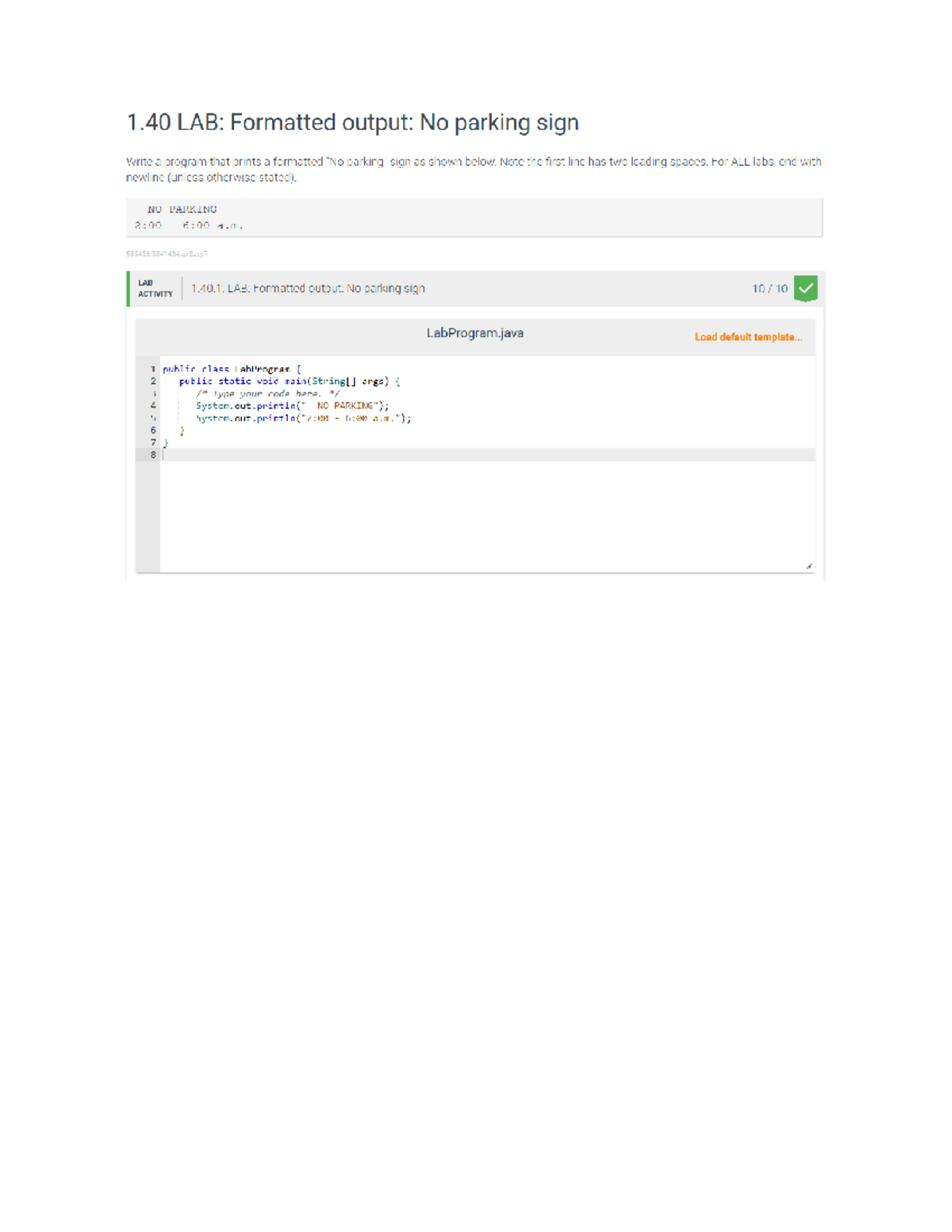 IT 145 - Lab 1.40: Formatted Output No Parking Sign Program - Studocu