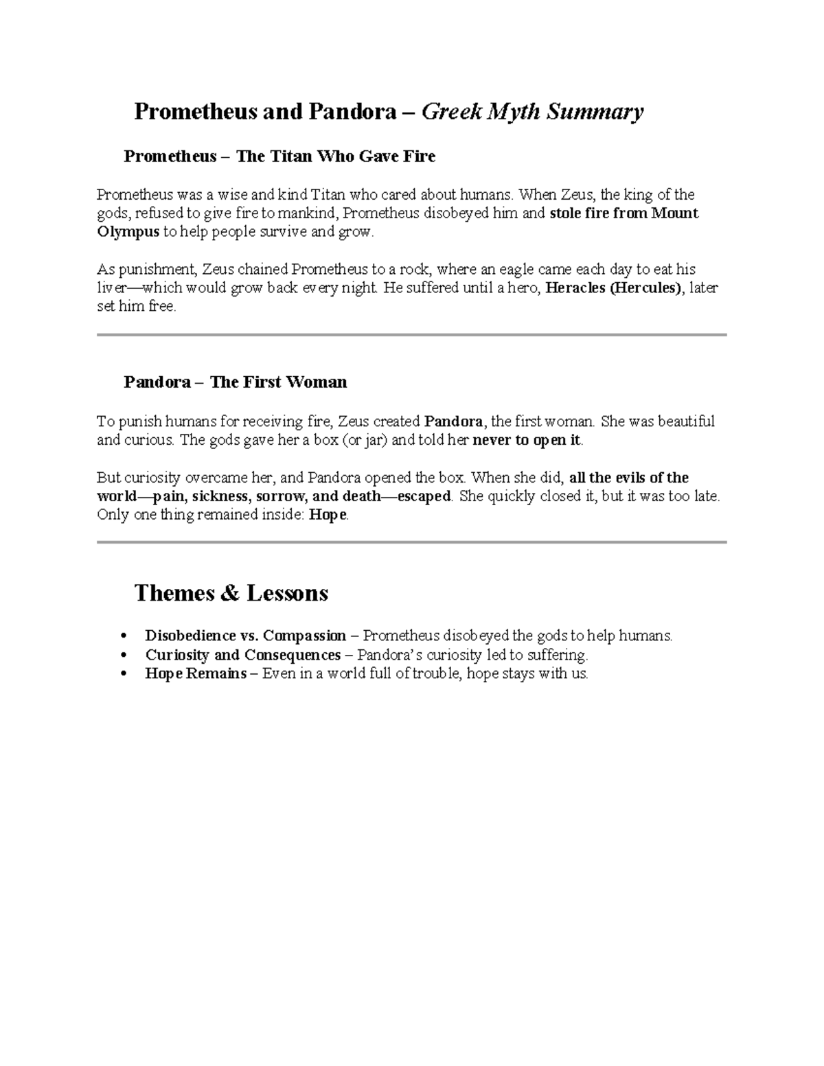 Prometheus and Pandora: Greek Myth Summary and Lessons - Studocu