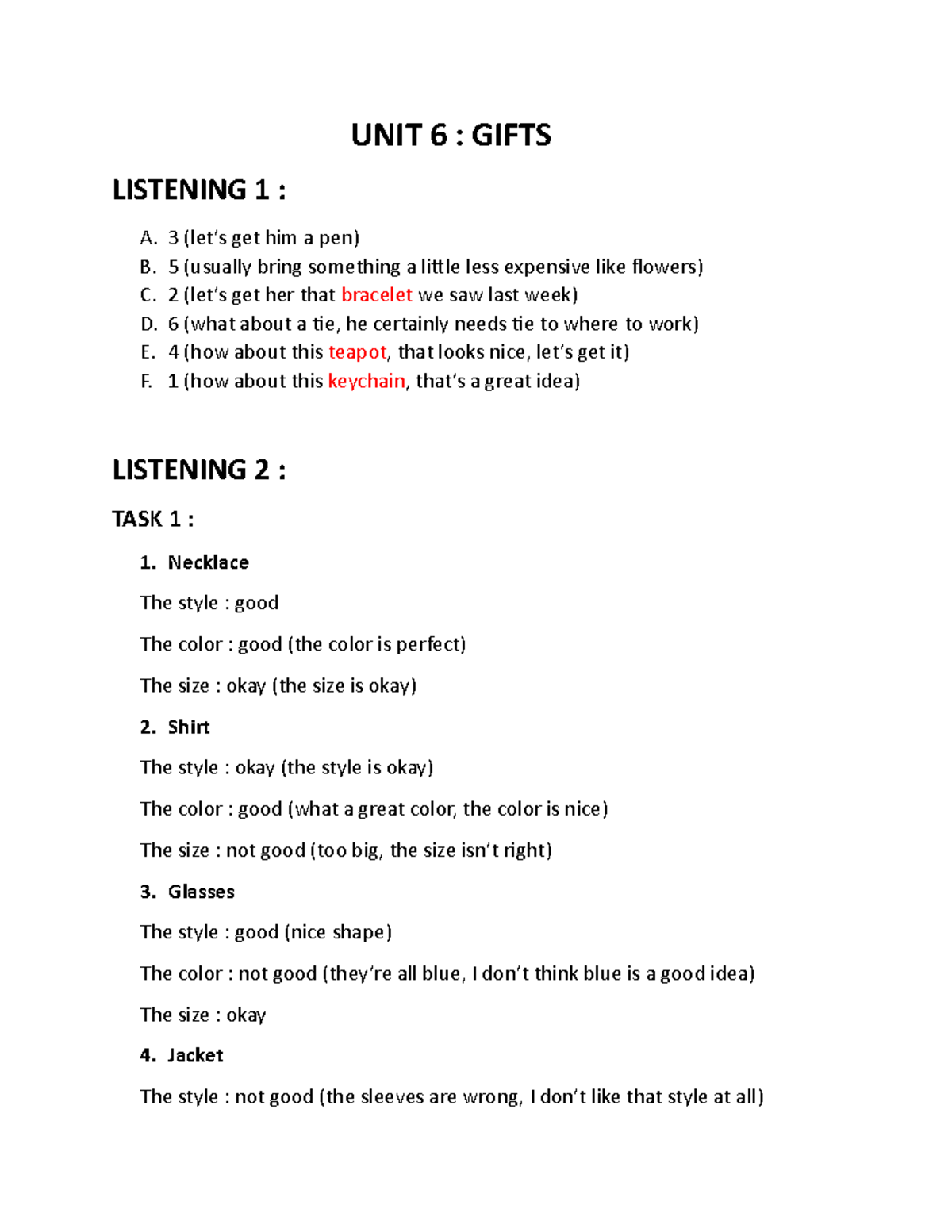 UNIT 6 - ynfb - UNIT 6 : GIFTS LISTENING 1 : A. 3 (let’s get him a pen ...