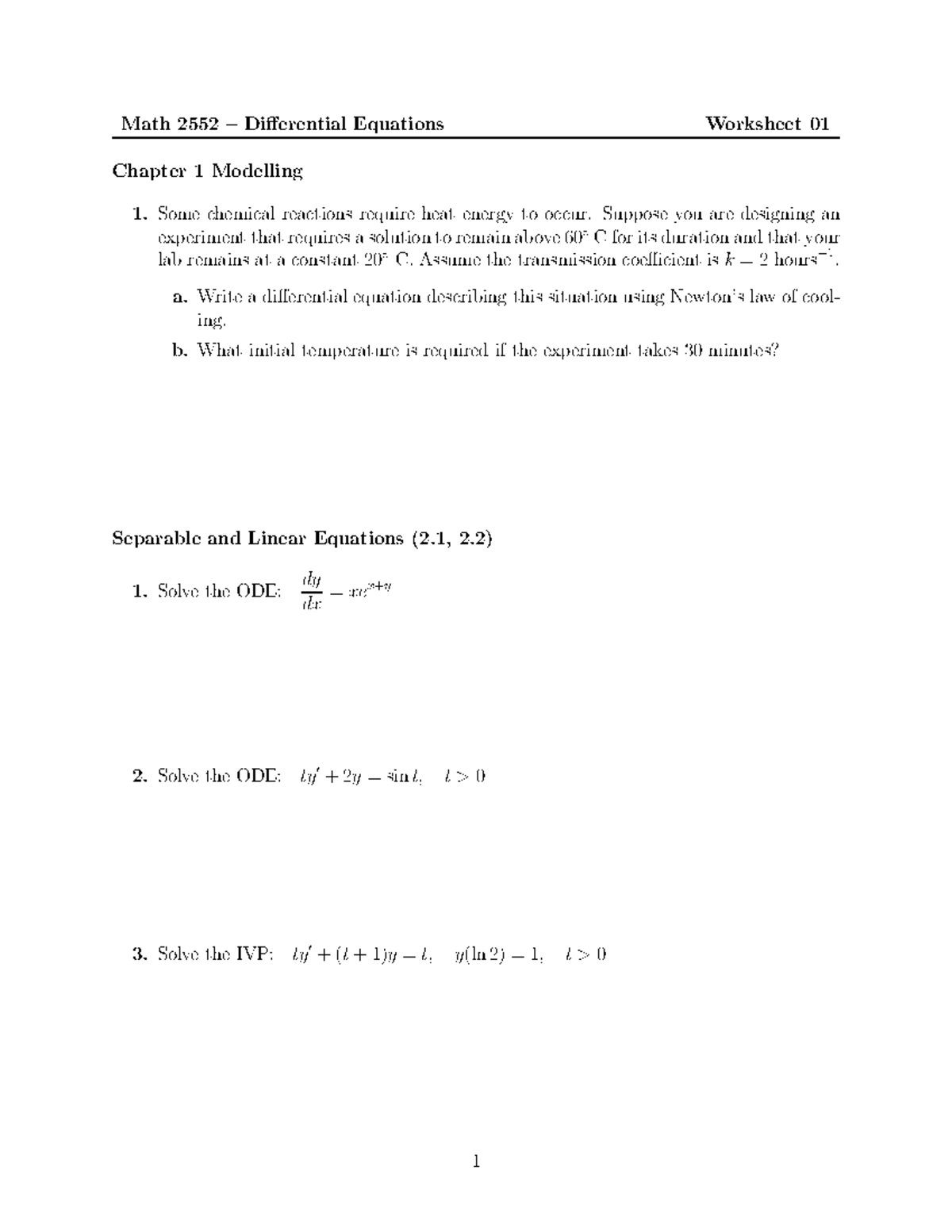 Worksheet 01 - Math 2552 – Differential Equations Worksheet 01 Chapter ...