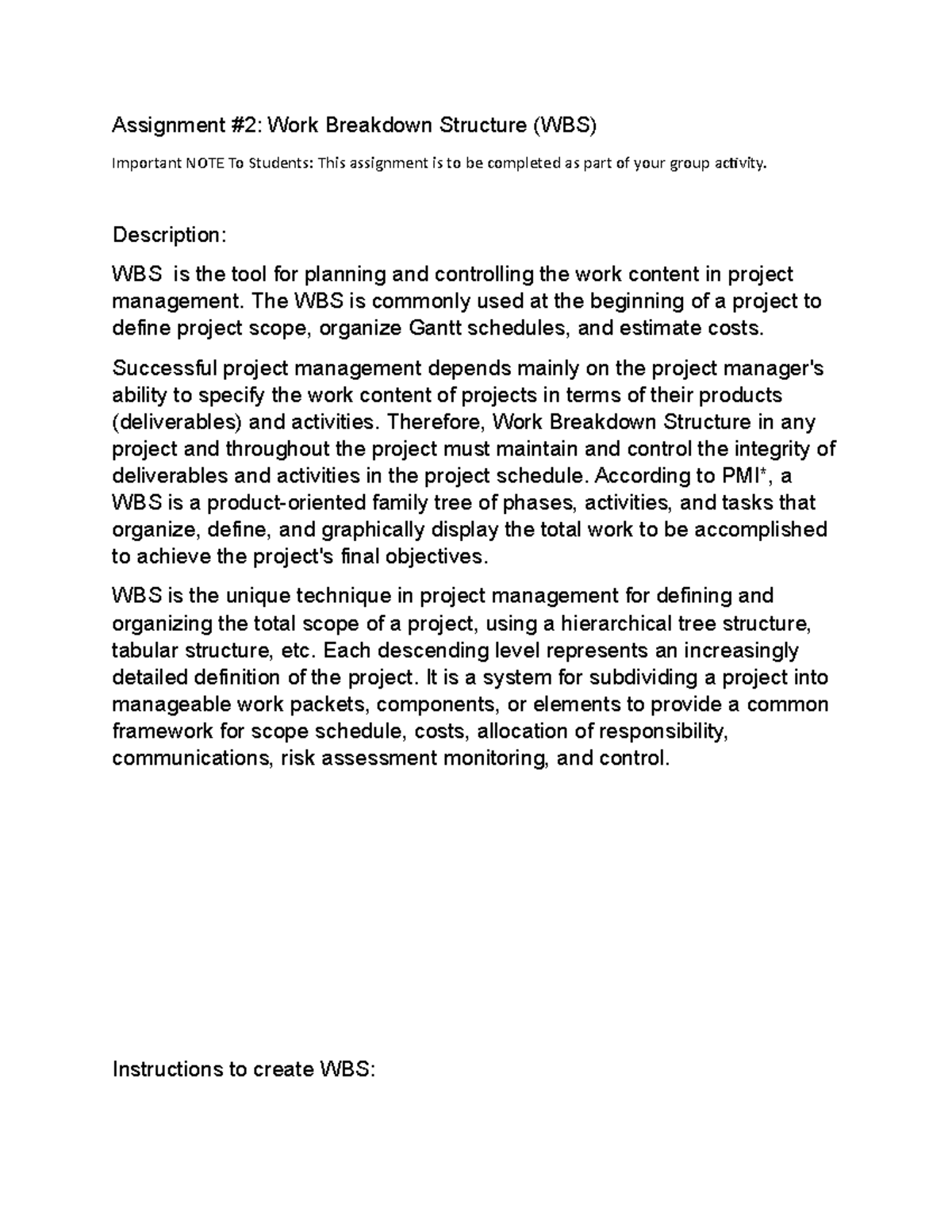 WBS Assignment #2: Creating Work Breakdown Structure in Project Mgmt ...