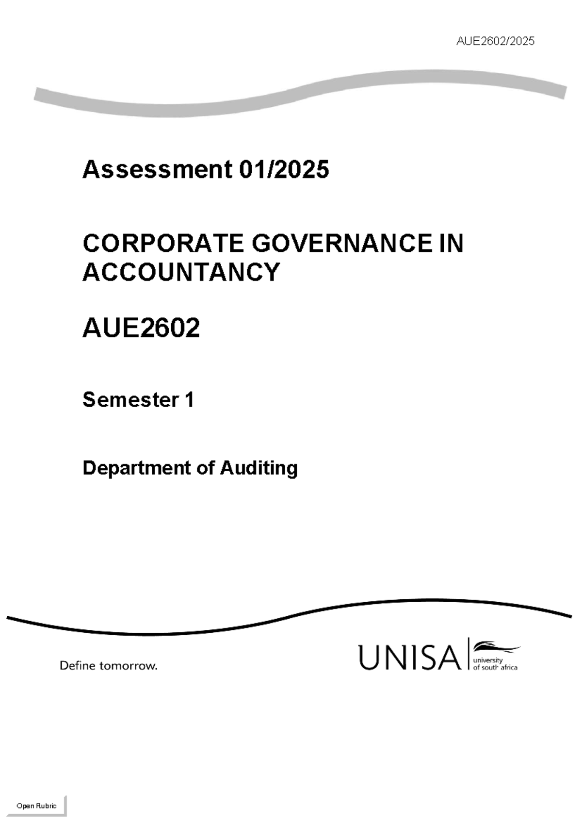 AUE2602 S1 2025 Corporate Governance Assessment 01 Memorandum - Studocu