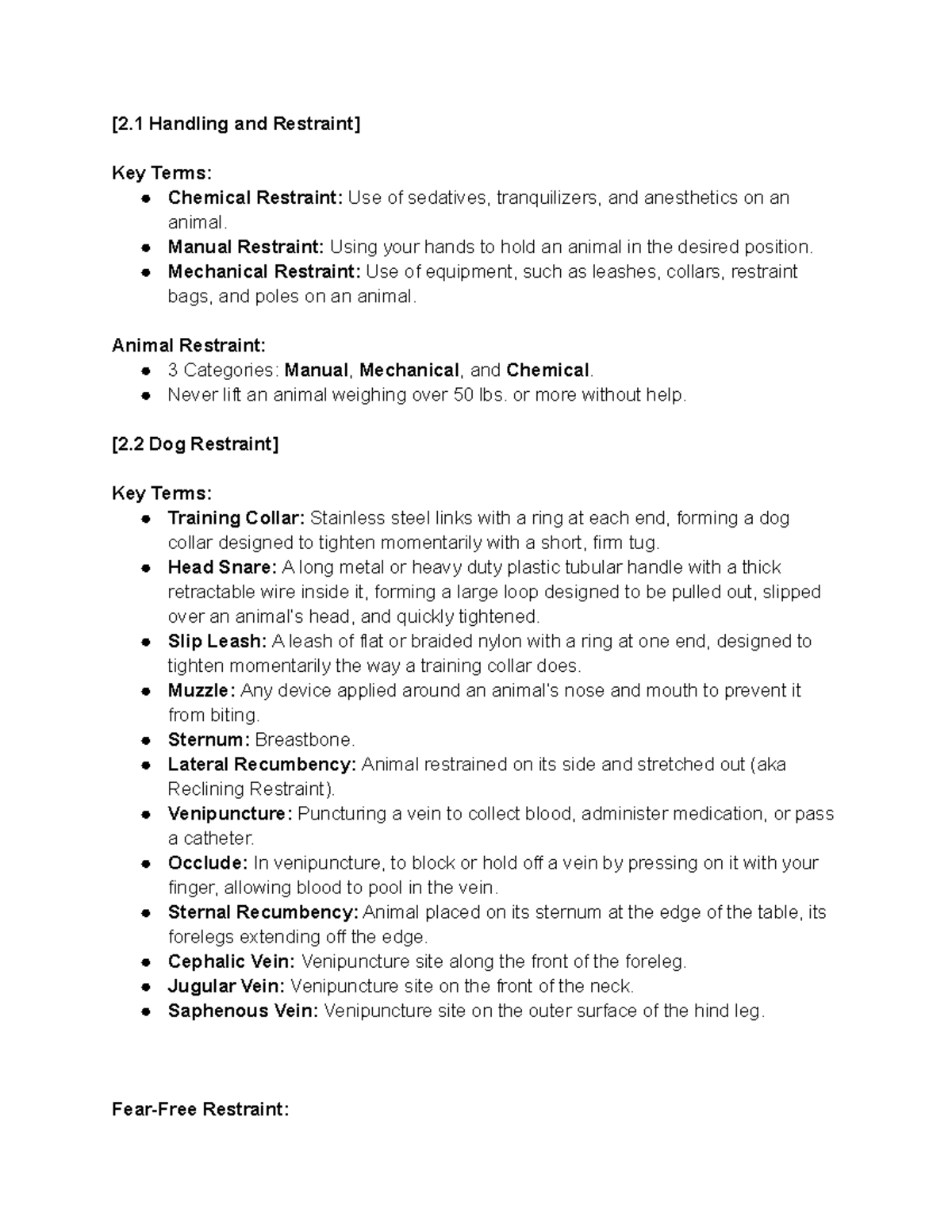 Into to Vet Tech 2.1 - 2 - Online Course Notes - [2 Handling and ...