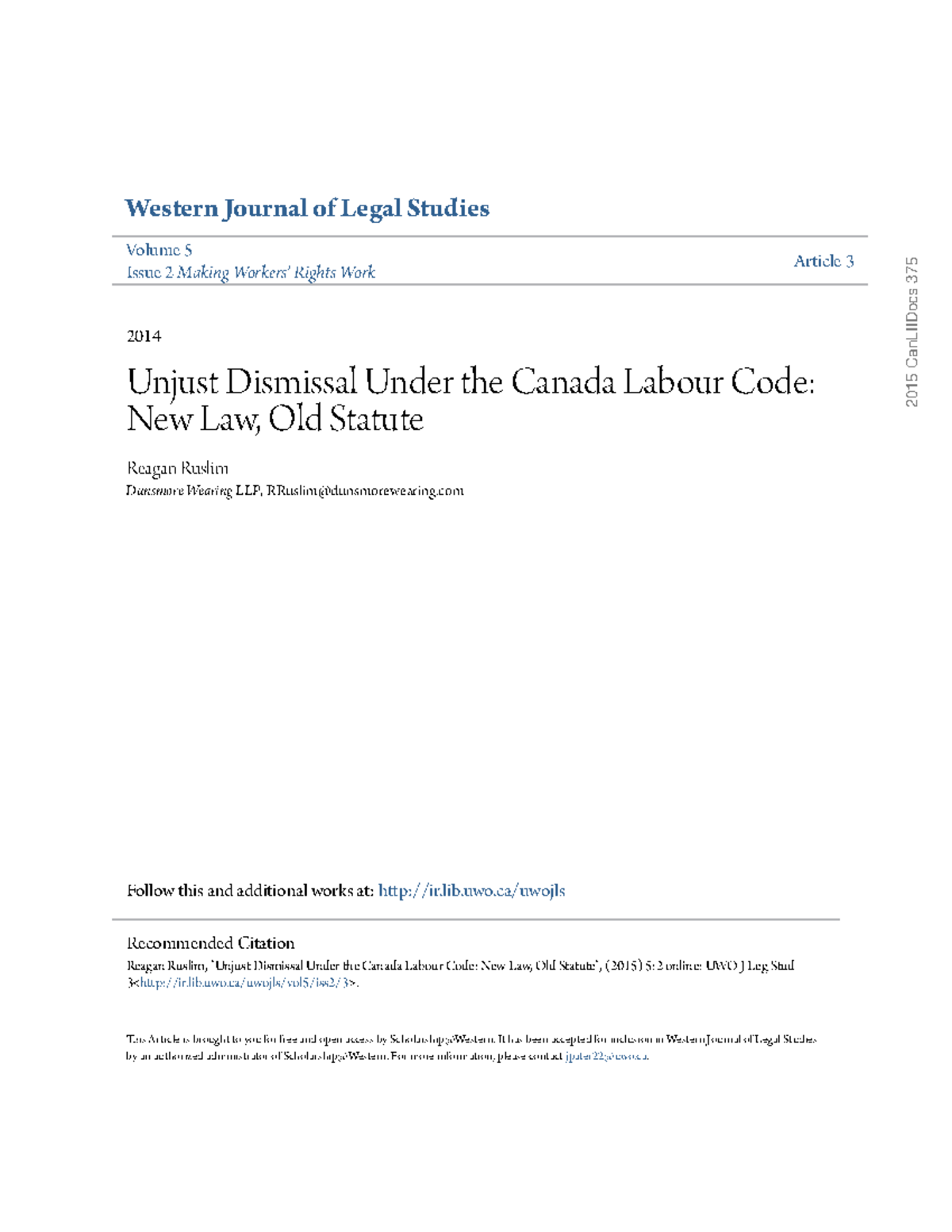 Unjust Dismissal Under the Canada Labour Code: A Critical Review (2015 ...