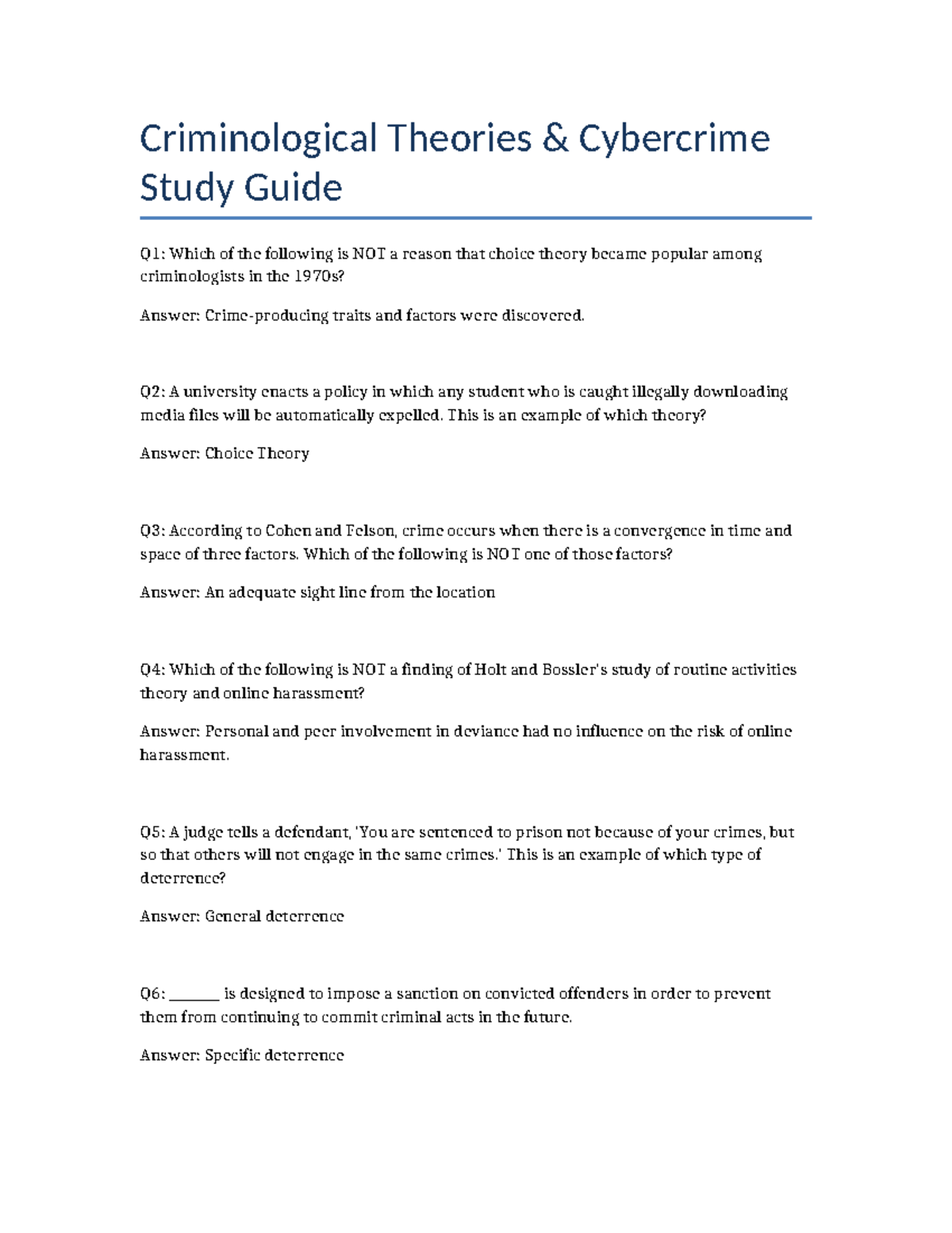 Criminological Theories & Cybercrime Study Guide - Quiz Q1-Q38 - Studocu