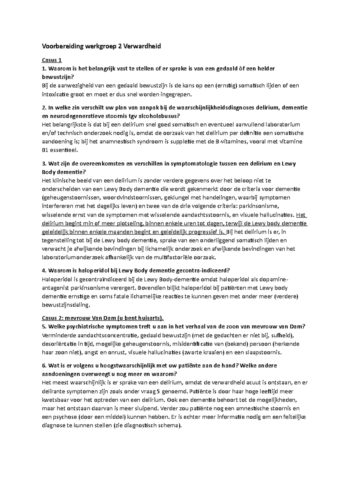 Voorbereiding Werkgroep 2: Verwardheid en Dementie Cases - Studeersnel