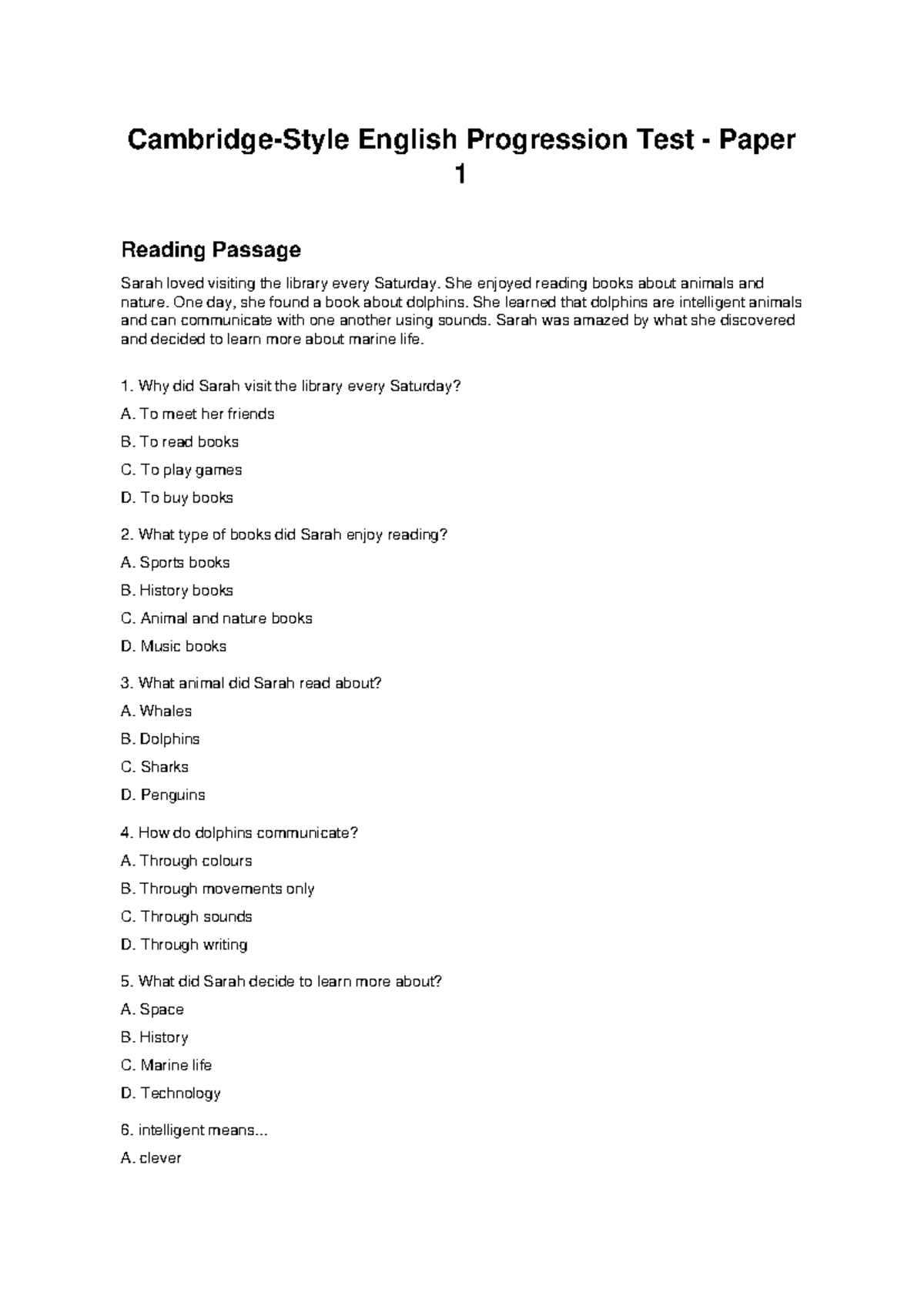 Cambridge English Progression Test Paper 1: Reading Passage - Studocu