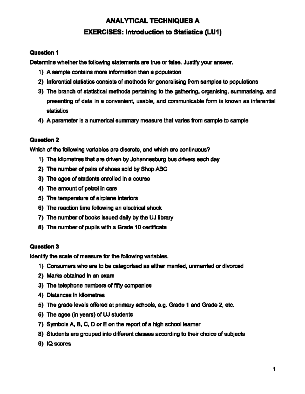 ATE - ANALYTICAL TECHNIQUES A EXERCISES: Intro to Statistics (LU1 ...
