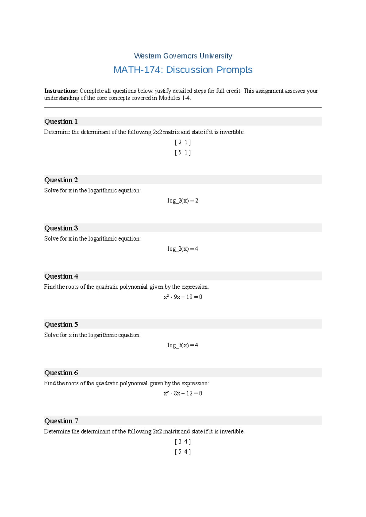 Algebra Discussion Prompts 4546444: Detailed Solutions and Steps - Studocu