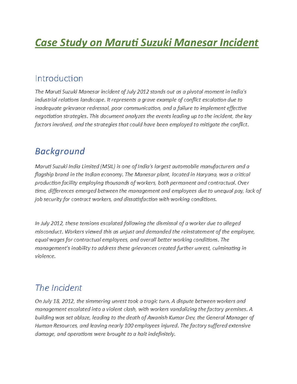 Case Study on Maruti Suzuki Manesar Incident - Case Study on Maruti ...