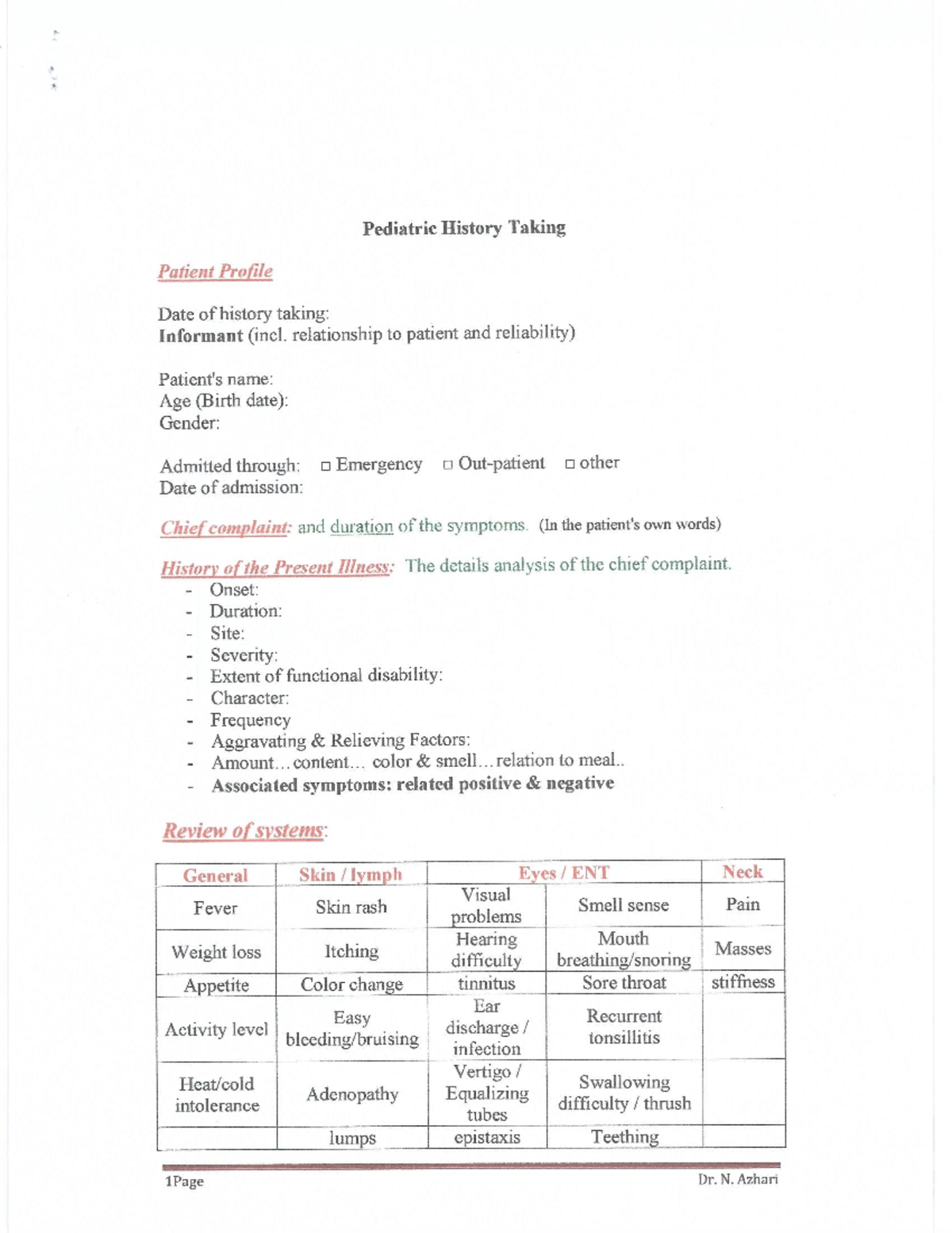 Pediatric History Taking Guide (PEDIA 101) - Dr. N. Azhari - Studocu