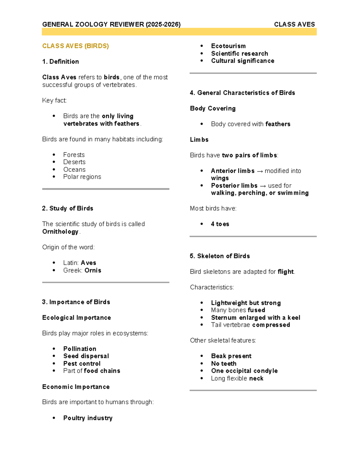 Class AVES - Comprehensive Zoology Reviewer on Birds - Studocu