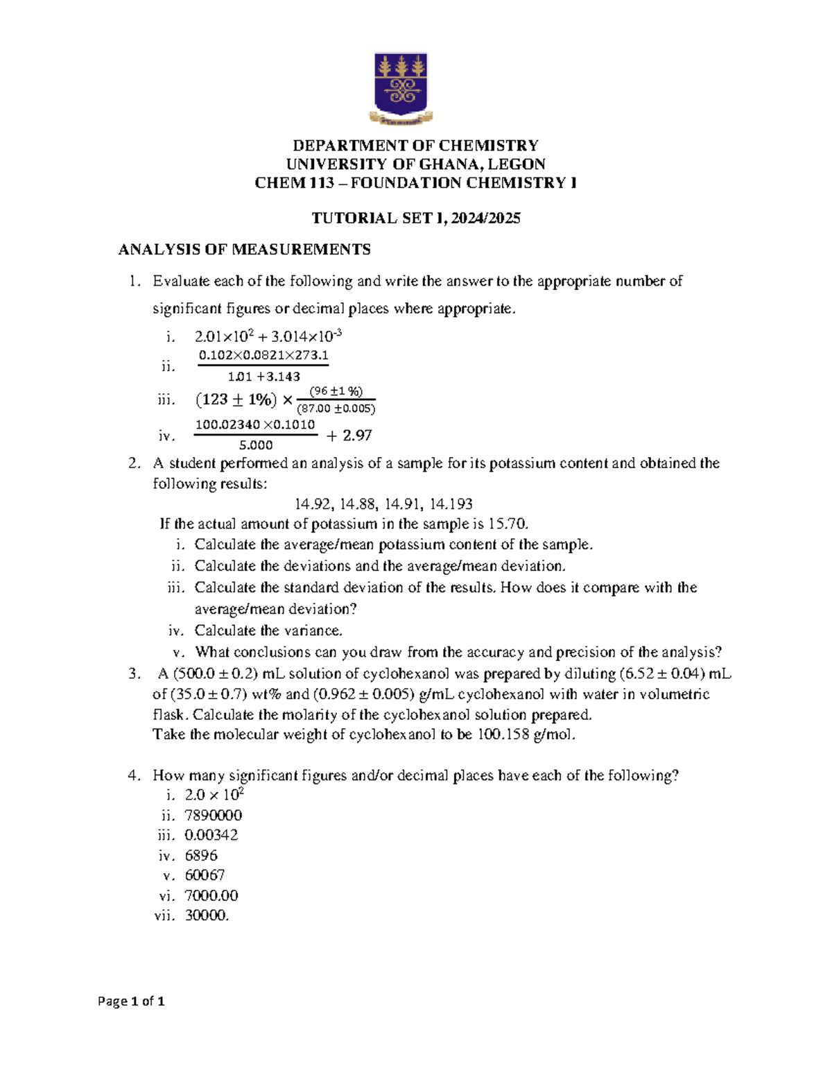 CHEM 113 – Foundation Chemistry I: Tutorial Set I, 2024/2025 - Page 1 ...