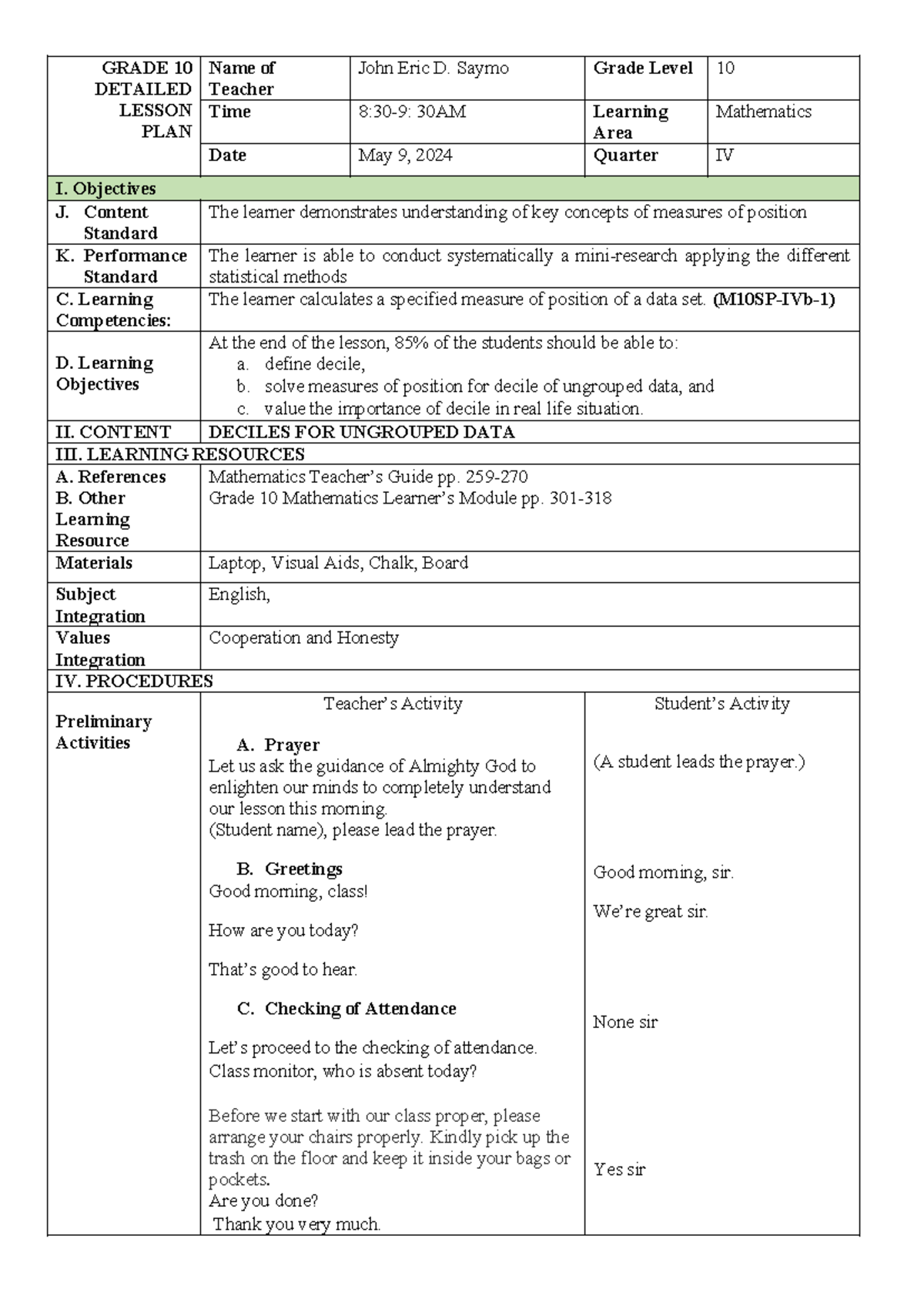 Grade 10 Math Lesson Plan: Understanding Deciles (M10SP-IVb-1) - Studocu