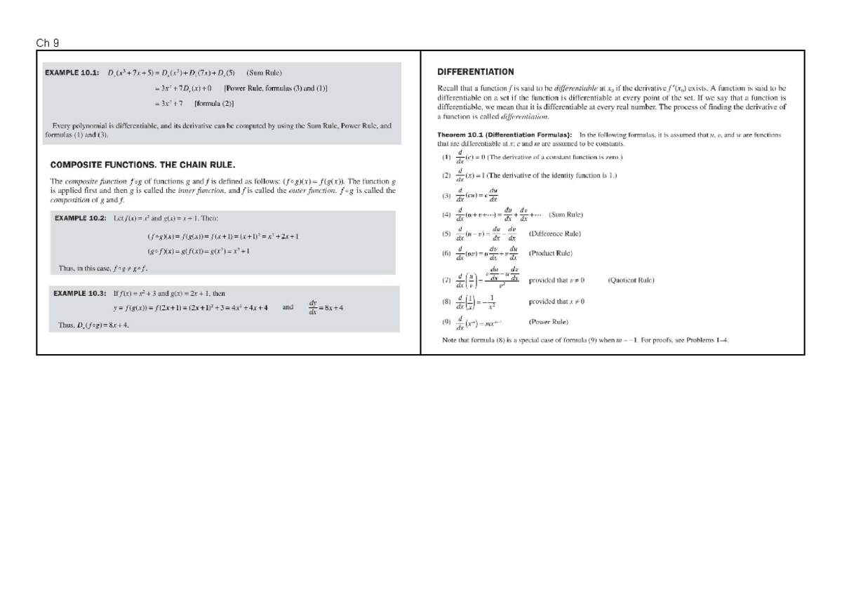 Ch 9 Derivatives: Sum Rule & Differentiation Formulas Explained - Studocu