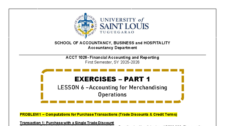 Ans Key - Exercises P1 - Lesson 6 - ACCT for Merch Operations - Studocu
