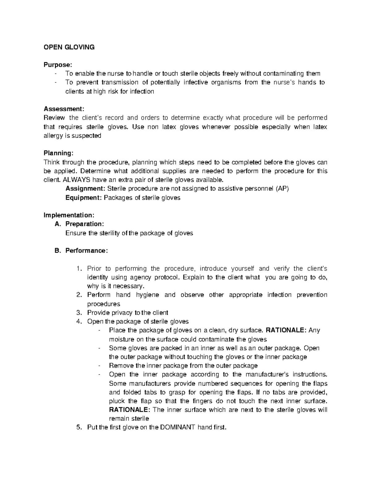 Rle - Open Gloving Technique - Return Demonstration Guide - Studocu